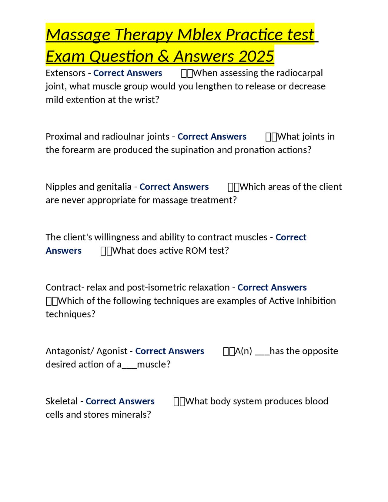 Massage Therapy Mblex Practice Test: Exam Questions and Answers 2025 ...