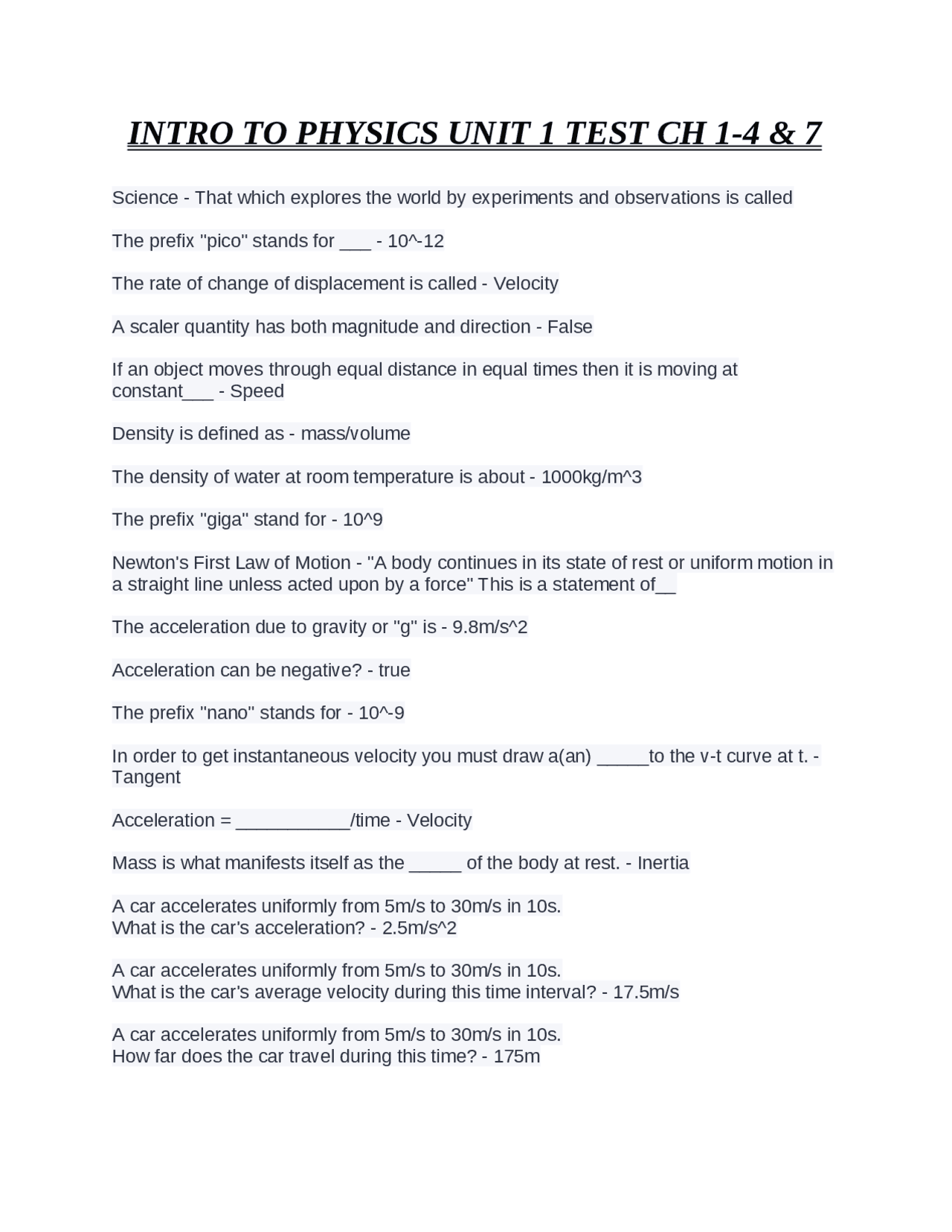 Intro to Physics Unit 1 Test: Chapters 1-4 & 7 | Exams Advanced ...