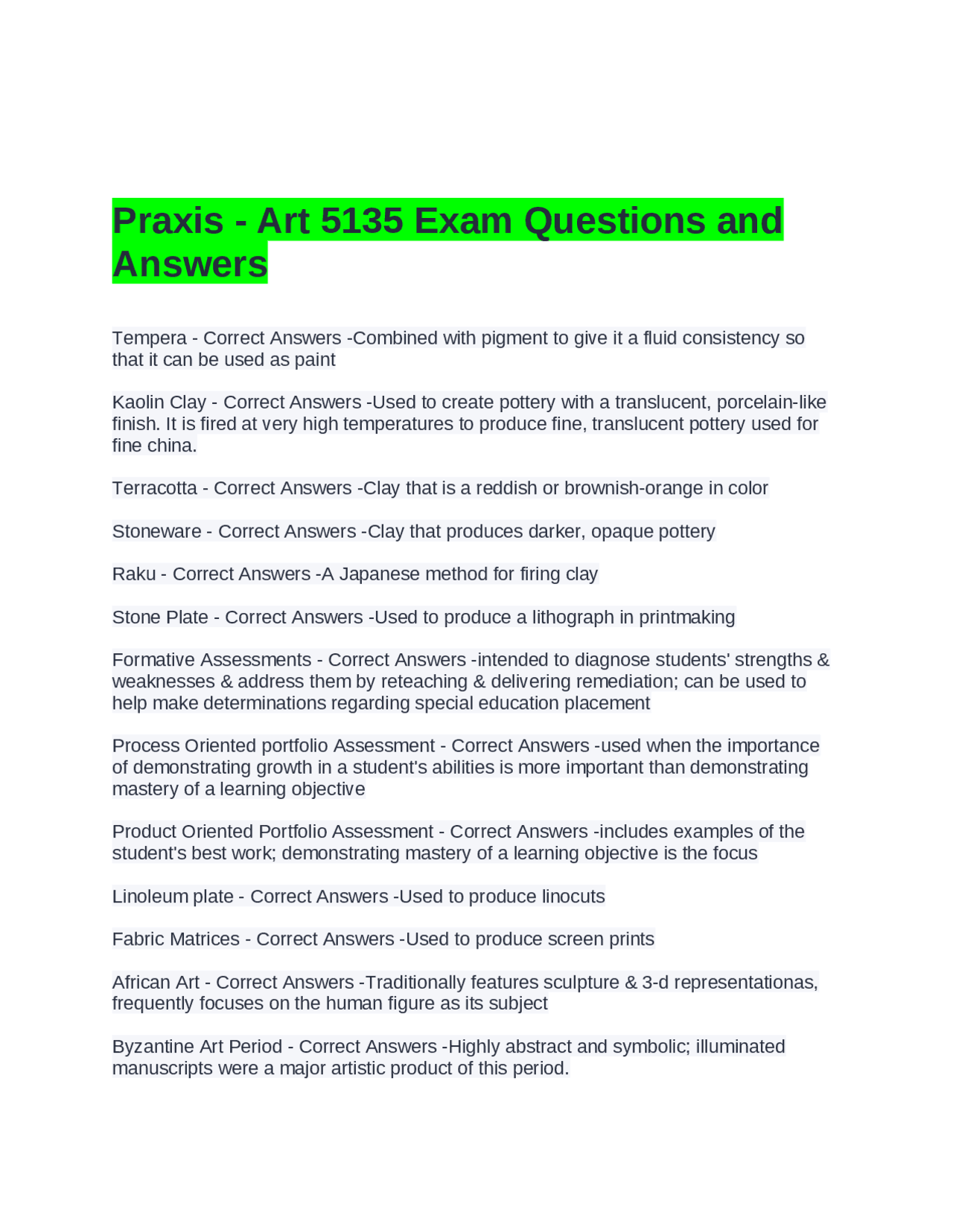 Praxis Art 5135 Exam Questions and Answers | Exams Advanced Education ...