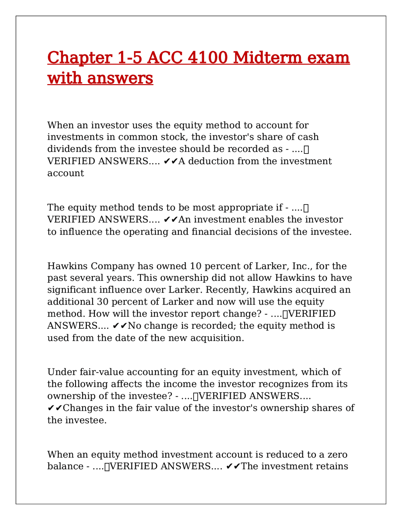 ACC 4100 Midterm Exam with Answers: Equity Method Accounting | Exams Accounting | Docsity