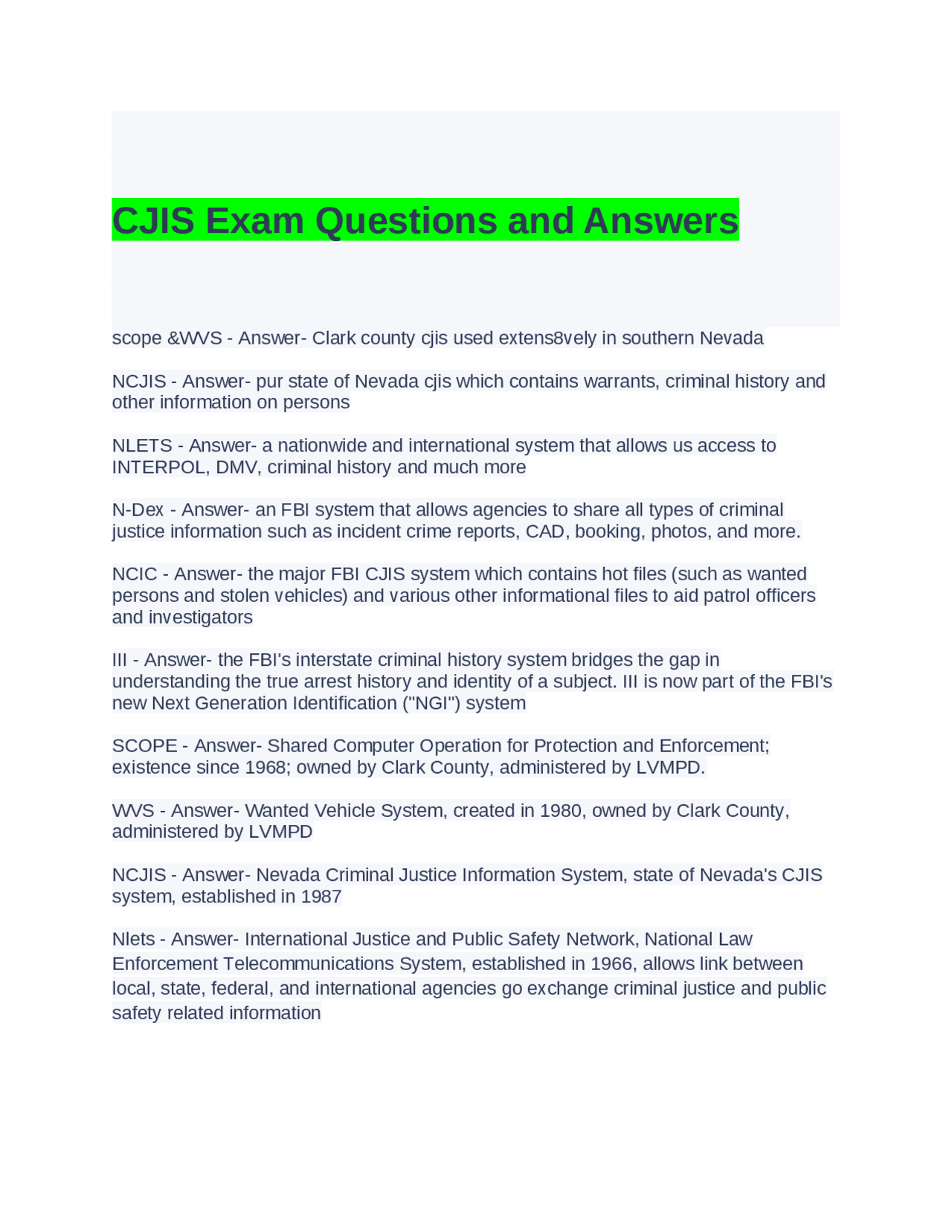 CJIS Exam Questions and Answers: Understanding Criminal Justice ...