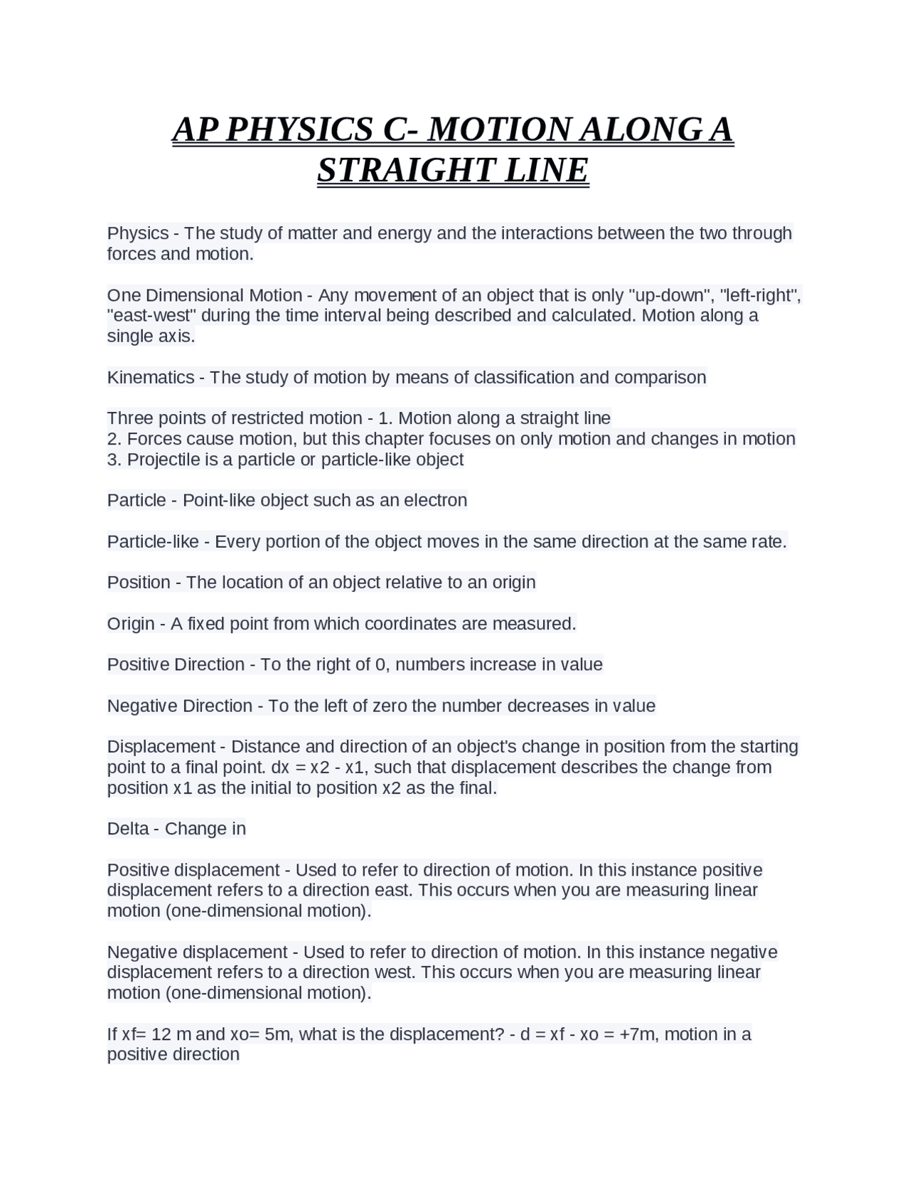 AP Physics C - Motion Along a Straight Line: Kinematics and Free-Fall ...