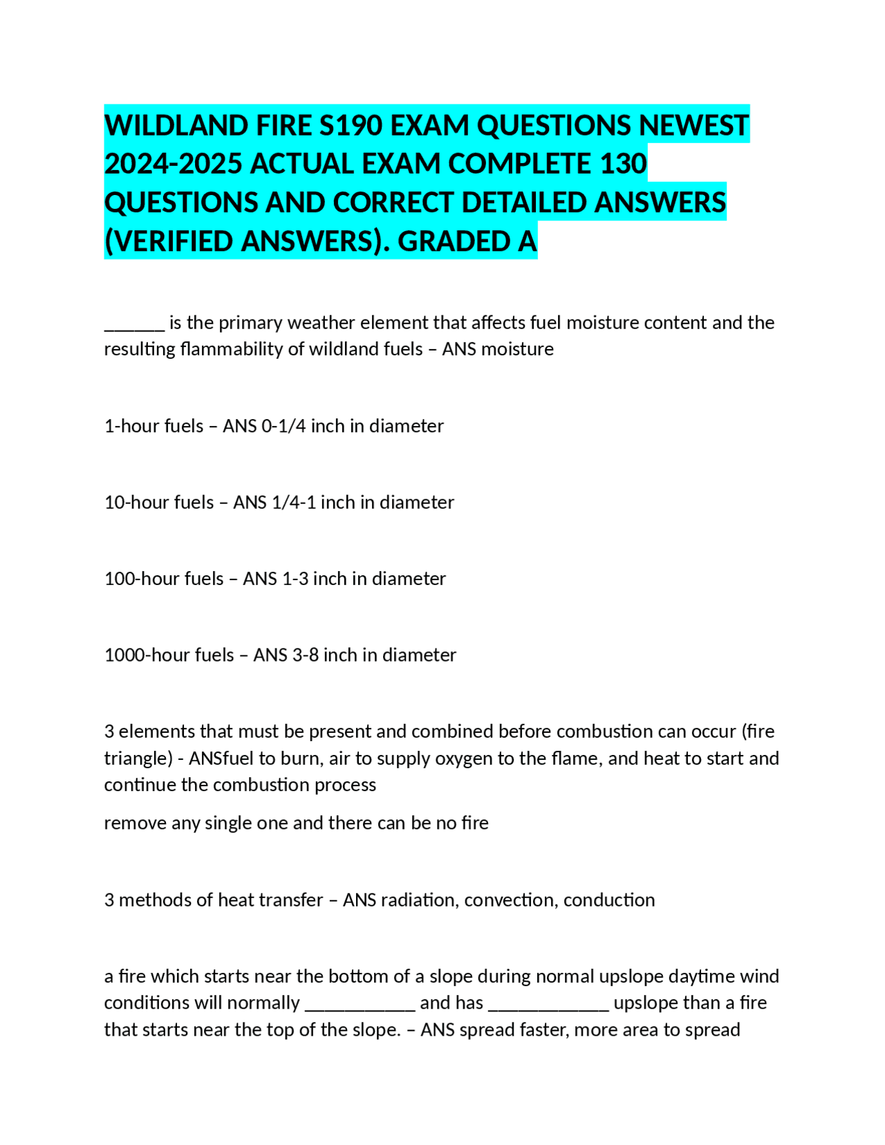 Wildland Fire S190 Exam Questions and Answers | Exams Safety and Fire ...