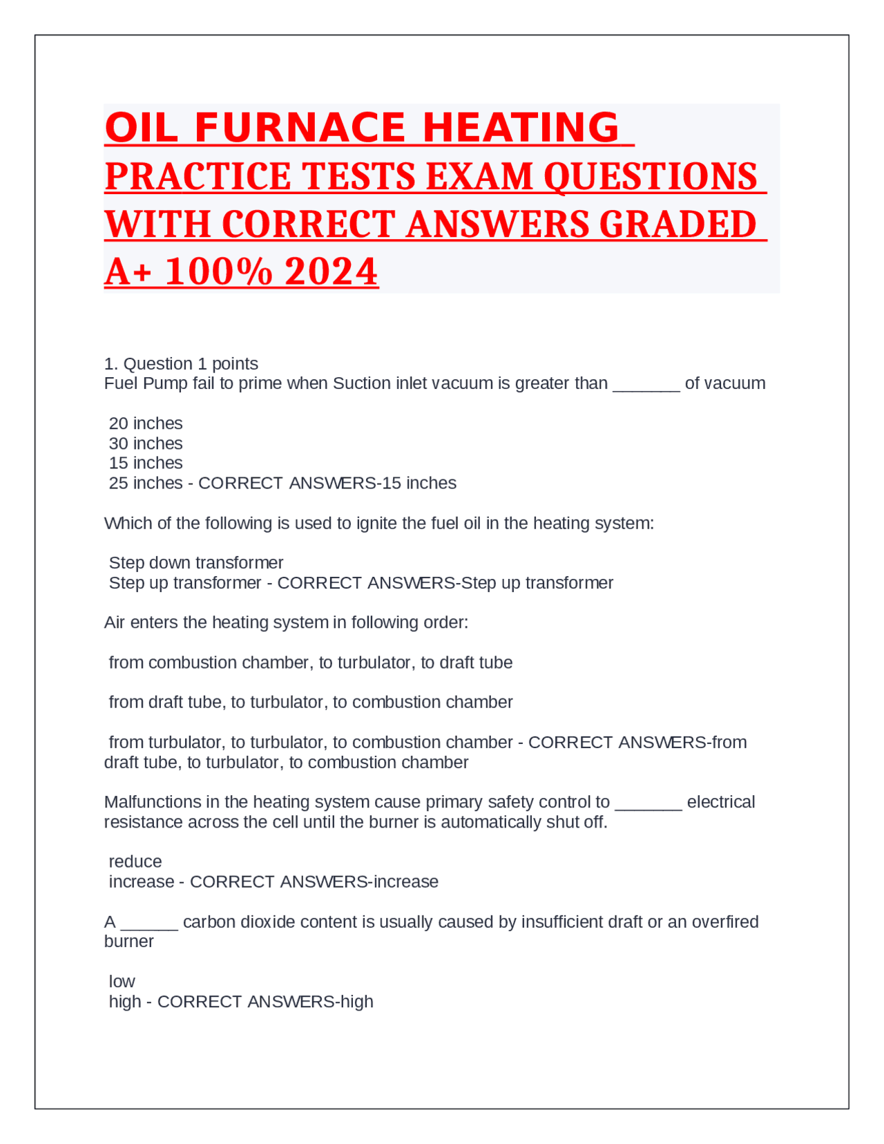 OIL FURNACE HEATING PRACTICE TESTS EXAM QUESTIONS WITH CORRECT ANSWERS ...