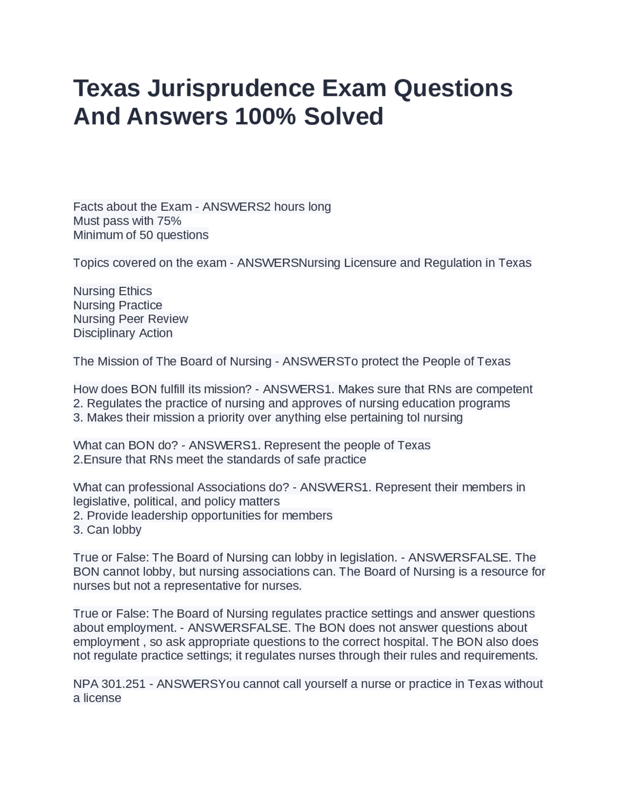 Texas Jurisprudence Exam Questions and Answers for Nurses | Exams ...