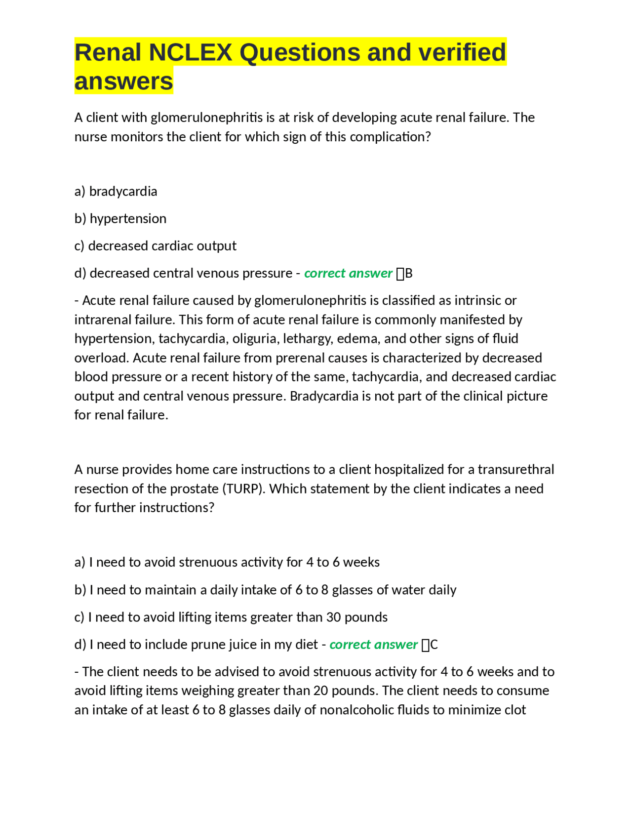 Renal NCLEX Questions and verified answers | Exercises Nursing | Docsity