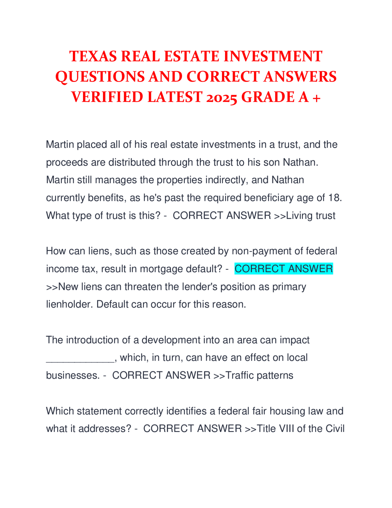 TEXAS REAL ESTATE INVESTMENT QUESTIONS AND CORRECT ANSWERS VERIFIED ...