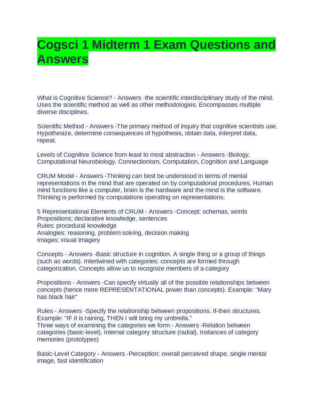 Cogsci 1 Midterm 1 Exam: Cognitive Science Fundamentals | Exams Advanced Education | Docsity