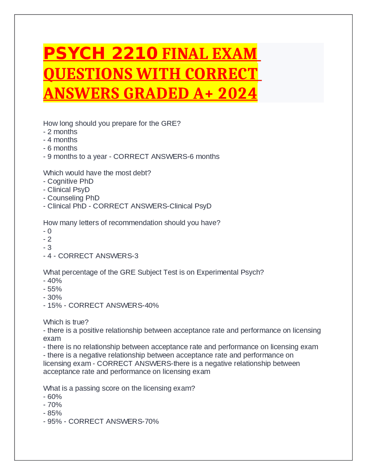PSYCH 2210 FINAL EXAM QUESTIONS WITH CORRECT ANSWERS GRADED A+ 2024 | Exams Advanced Education ...