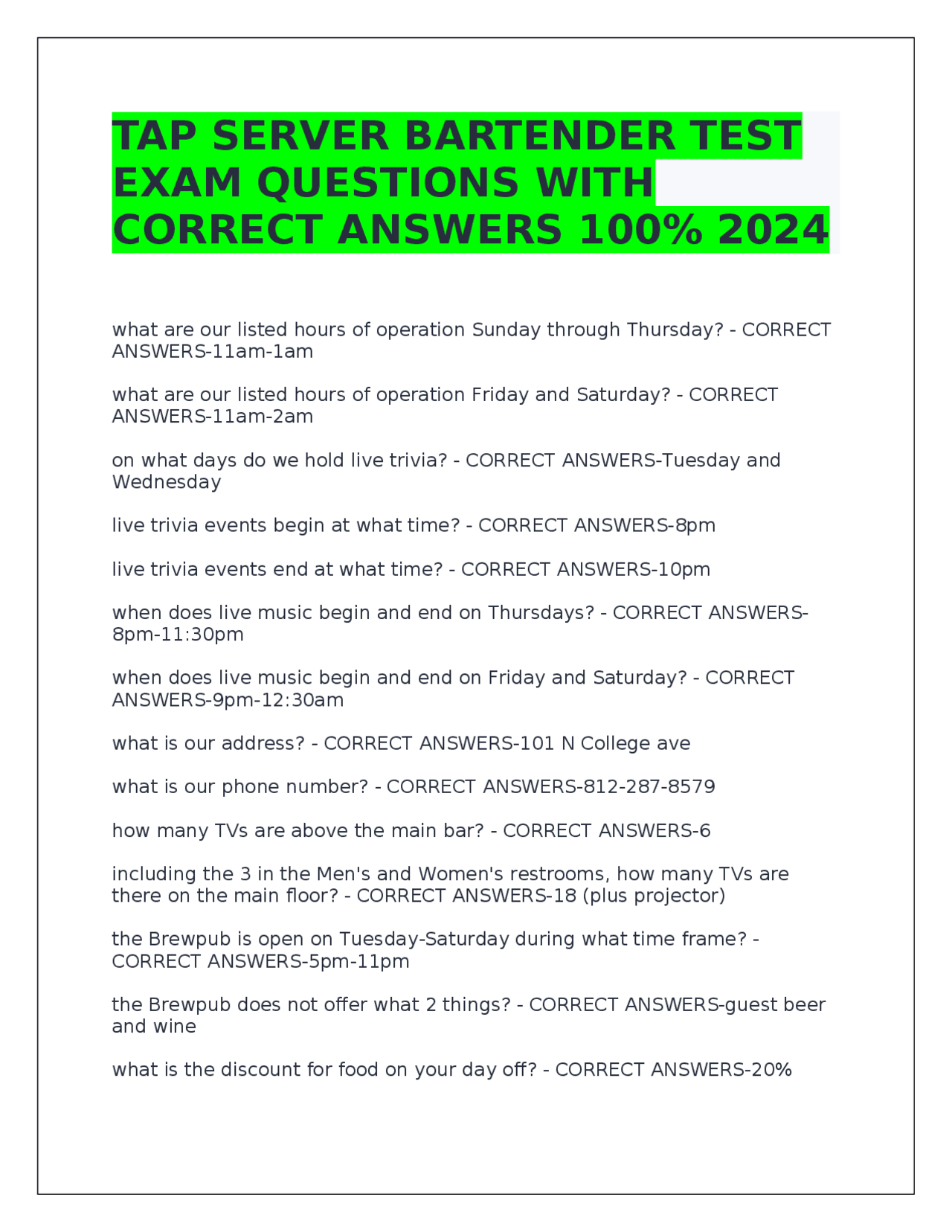 TAP SERVER BARTENDER TEST EXAM QUESTIONS WITH CORRECT ANSWERS 100% 2024 ...