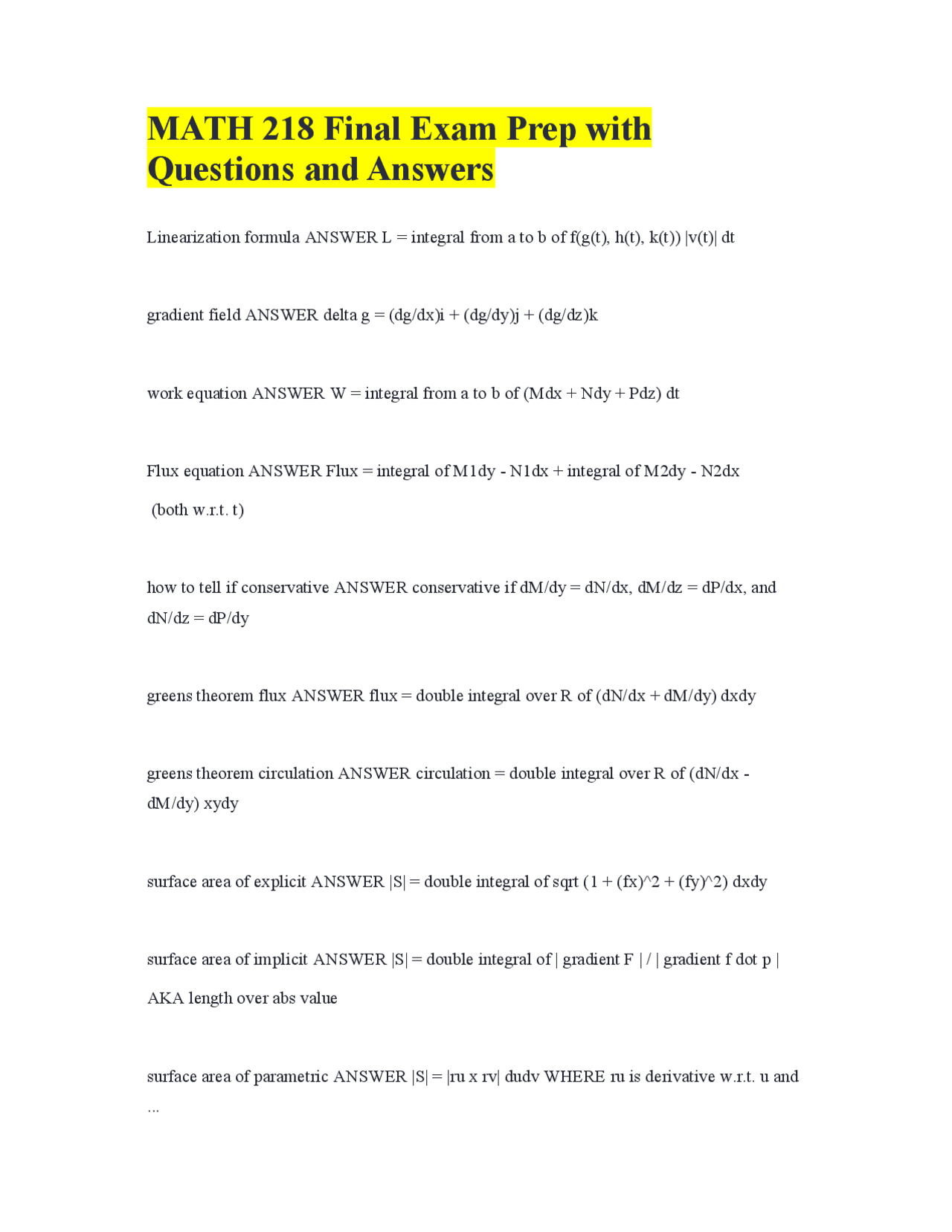 MATH 218 Final Exam Prep: Vector & Multivariable Calculus | Exams Mathematics | Docsity