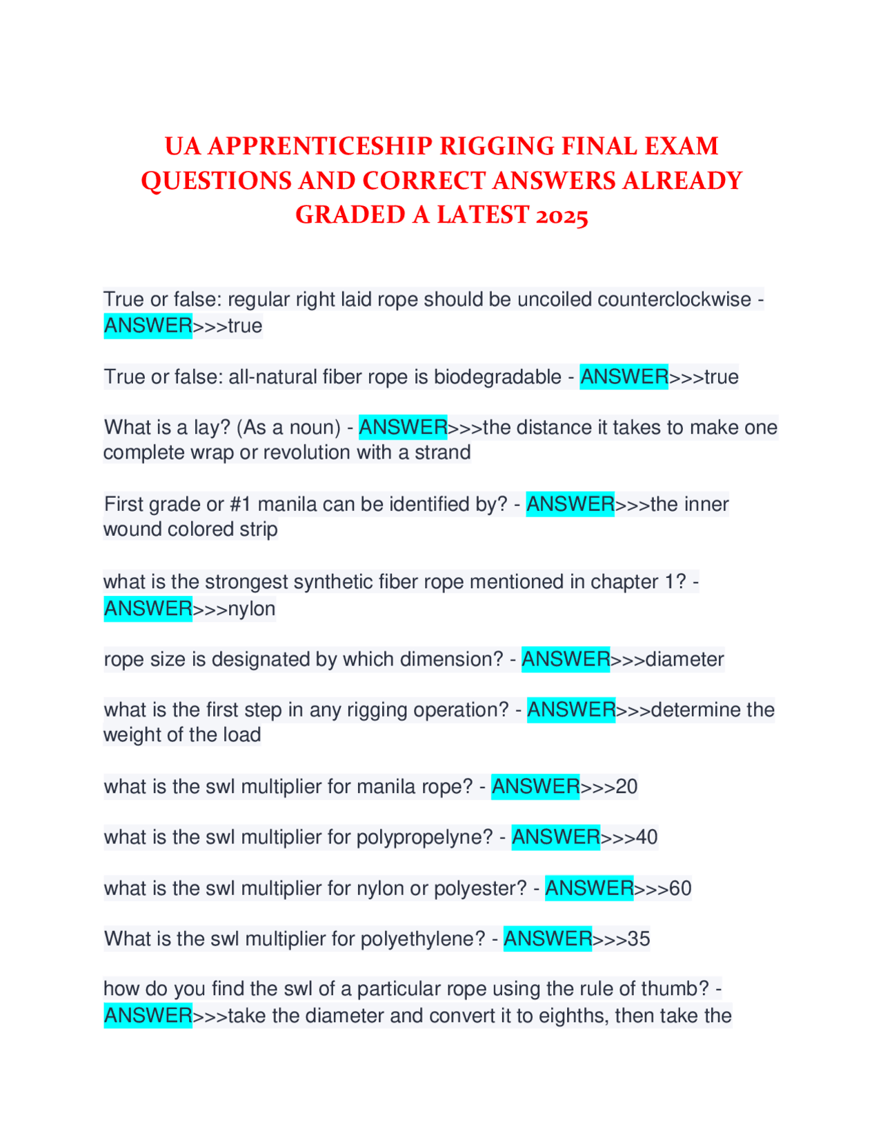 Rigging Final Exam Questions and Answers | Exams Nursing | Docsity