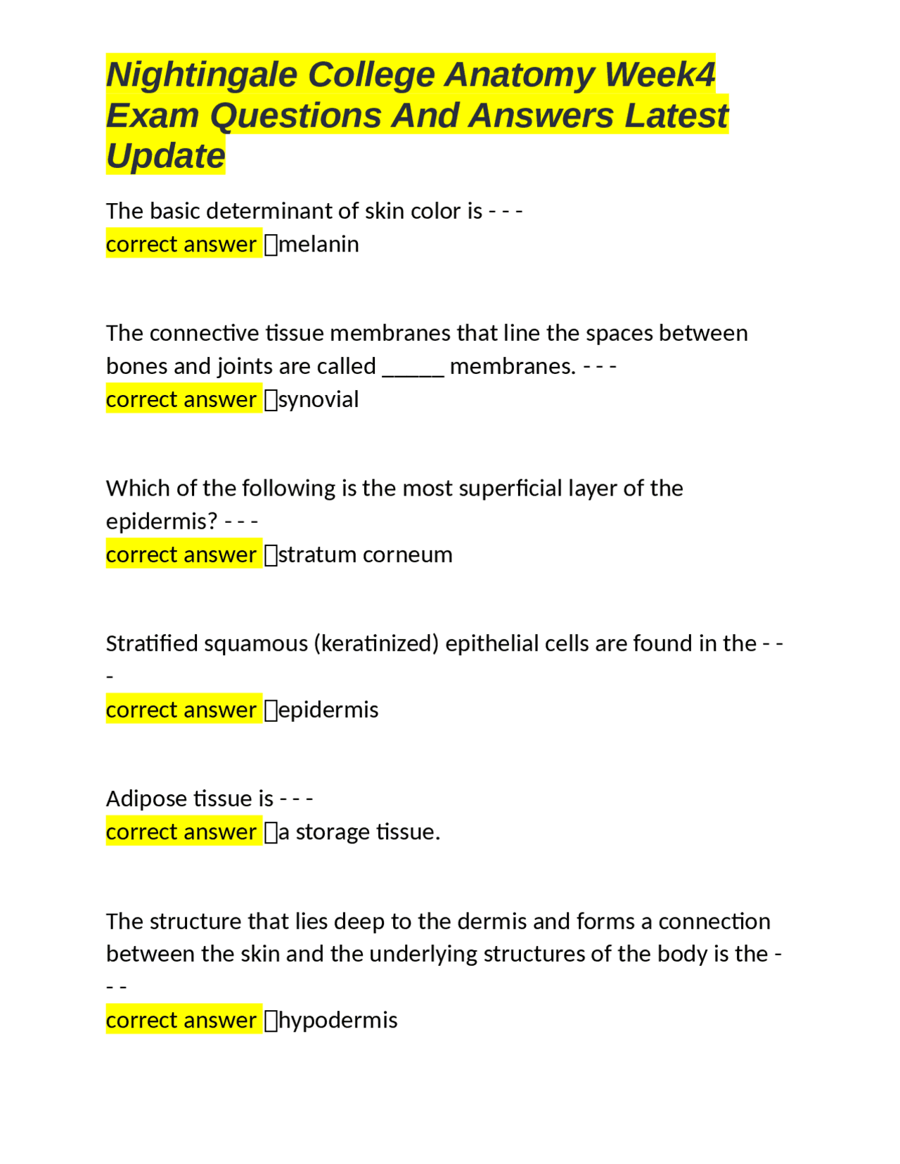 Nightingale College Anatomy Week 4 Exam Questions and Answers | Exams ...