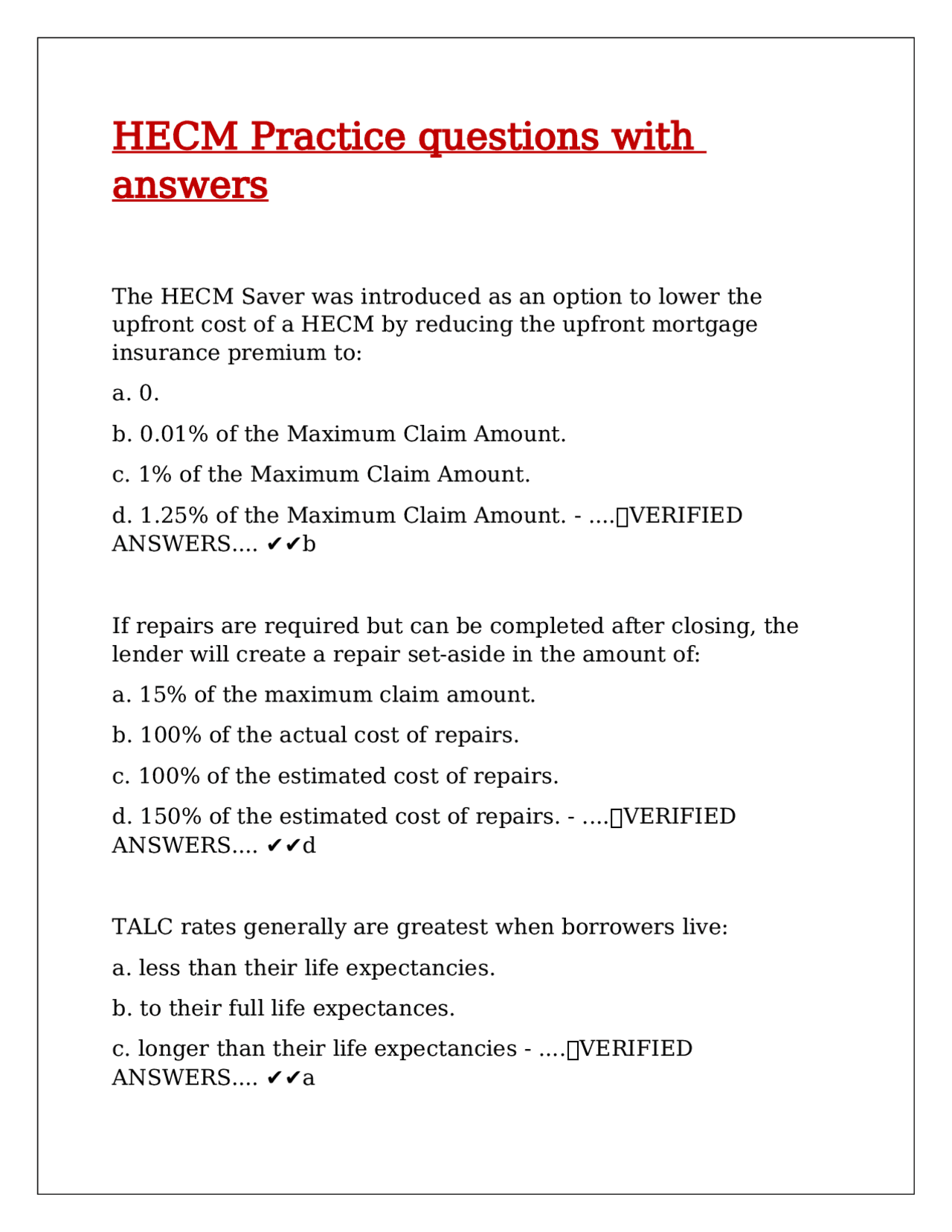 HECM Practice Questions and Answers | Exams Nursing | Docsity