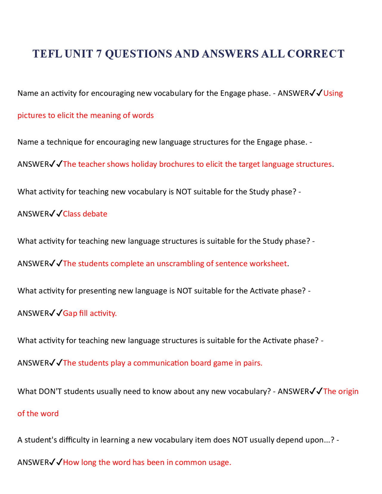 TEFL UNIT 7 QUESTIONS AND ANSWERS ALL CORRECT.pdf | Exams Nursing | Docsity