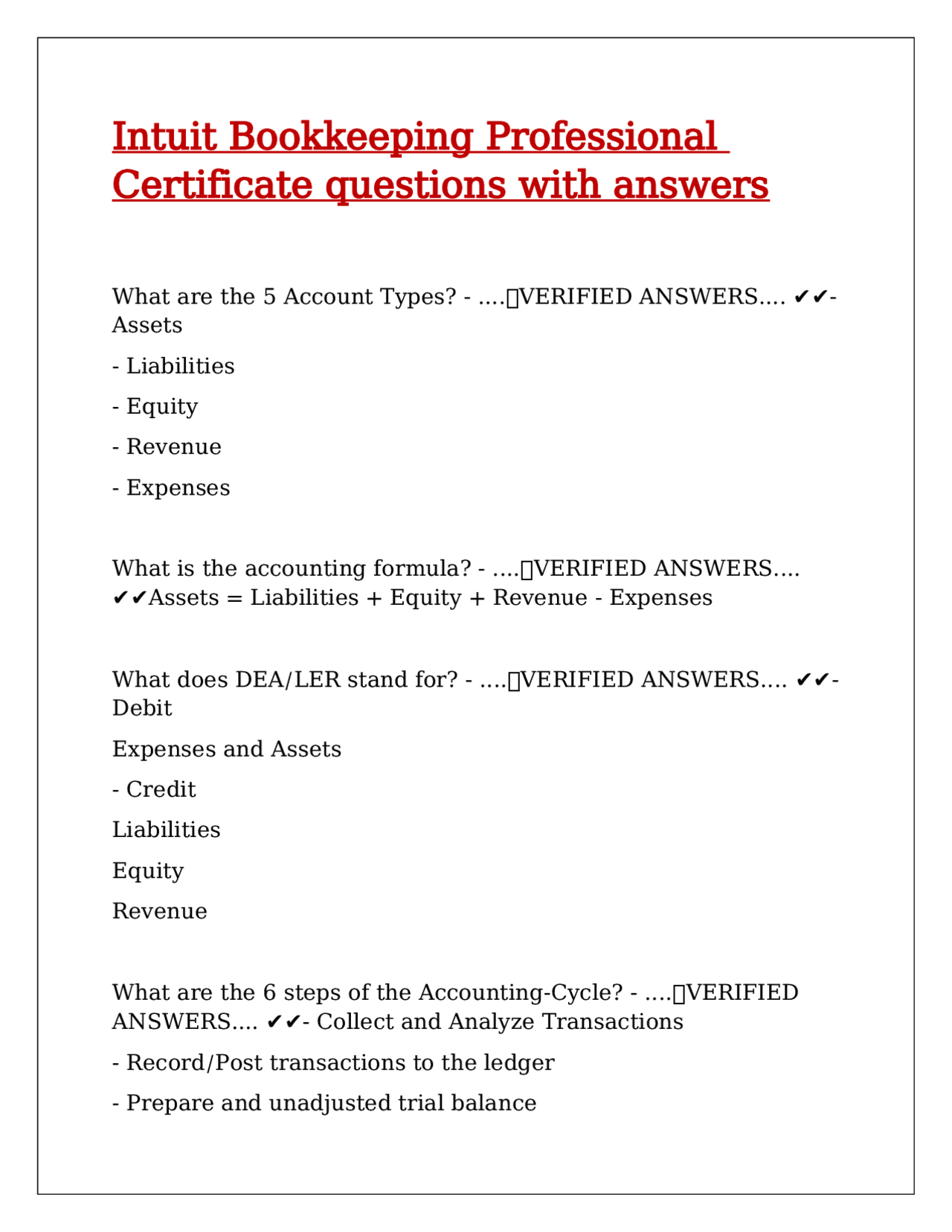 Intuit Bookkeeping Professional Certificate questions with answers ...