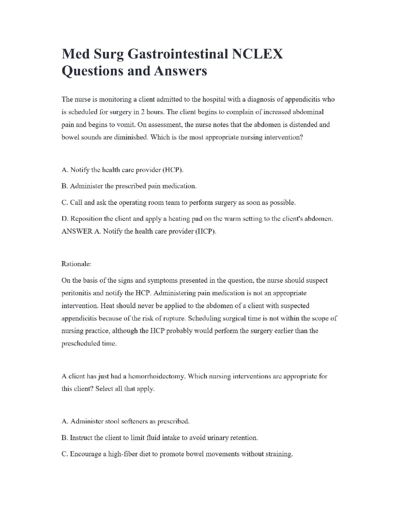 Med Surg Gastrointestinal NCLEX Questions and Answers | Exams Nursing ...