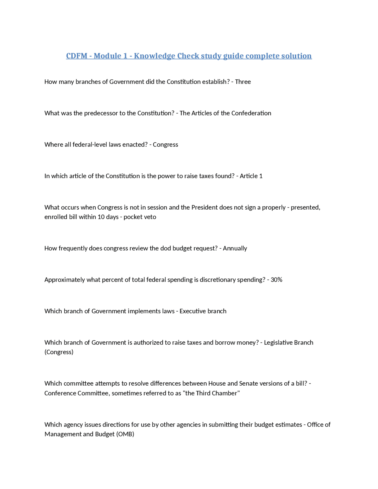 CDFM - Module 1 - Knowledge Check study guide complete solution | Exams ...