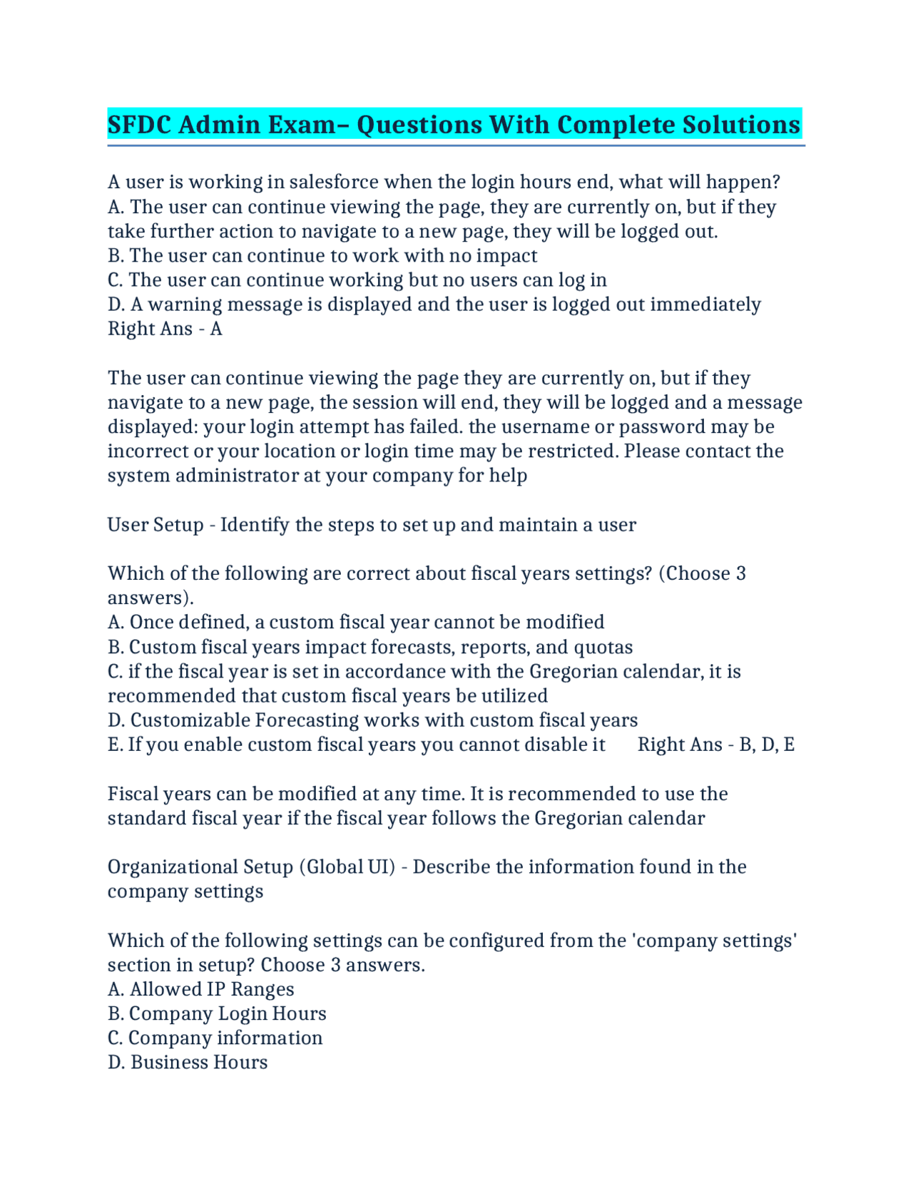 Salesforce Admin Exam - Questions with Complete Solutions | Quizzes ...
