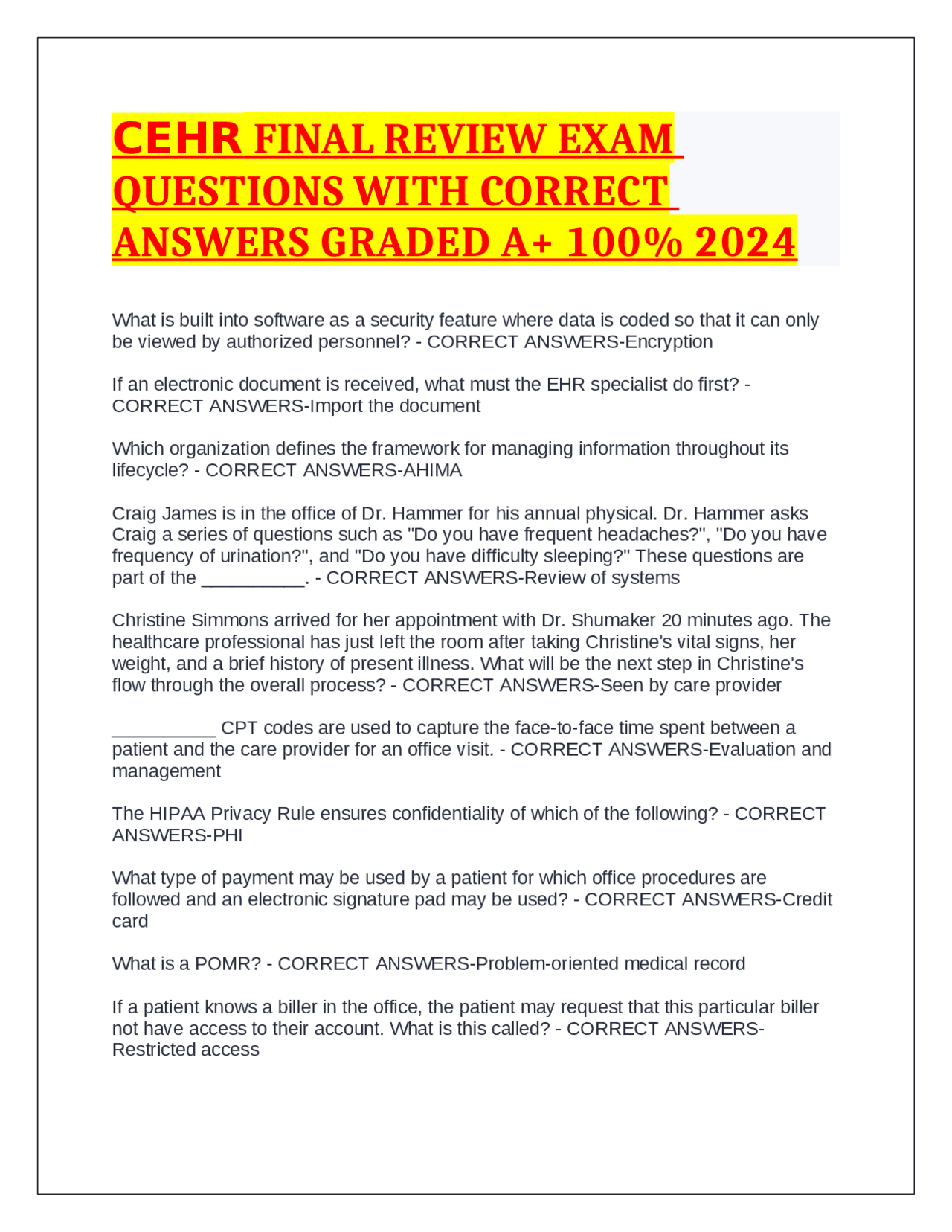 CEHR FINAL REVIEW EXAM QUESTIONS WITH CORRECT ANSWERS GRADED A+ 100% ...