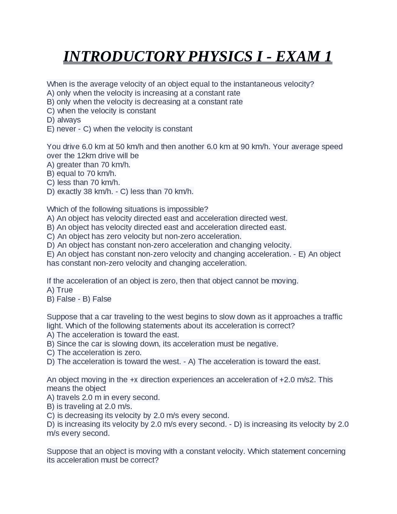 Introductory Physics I - Exam 1: Multiple Choice Questions and Answers | Exams Advanced ...