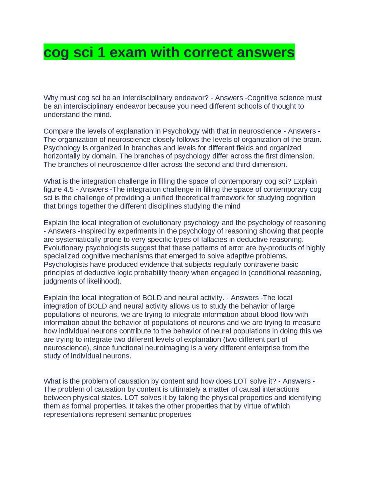 Cognitive Science Exam Questions and Answers | Exams Nursing | Docsity