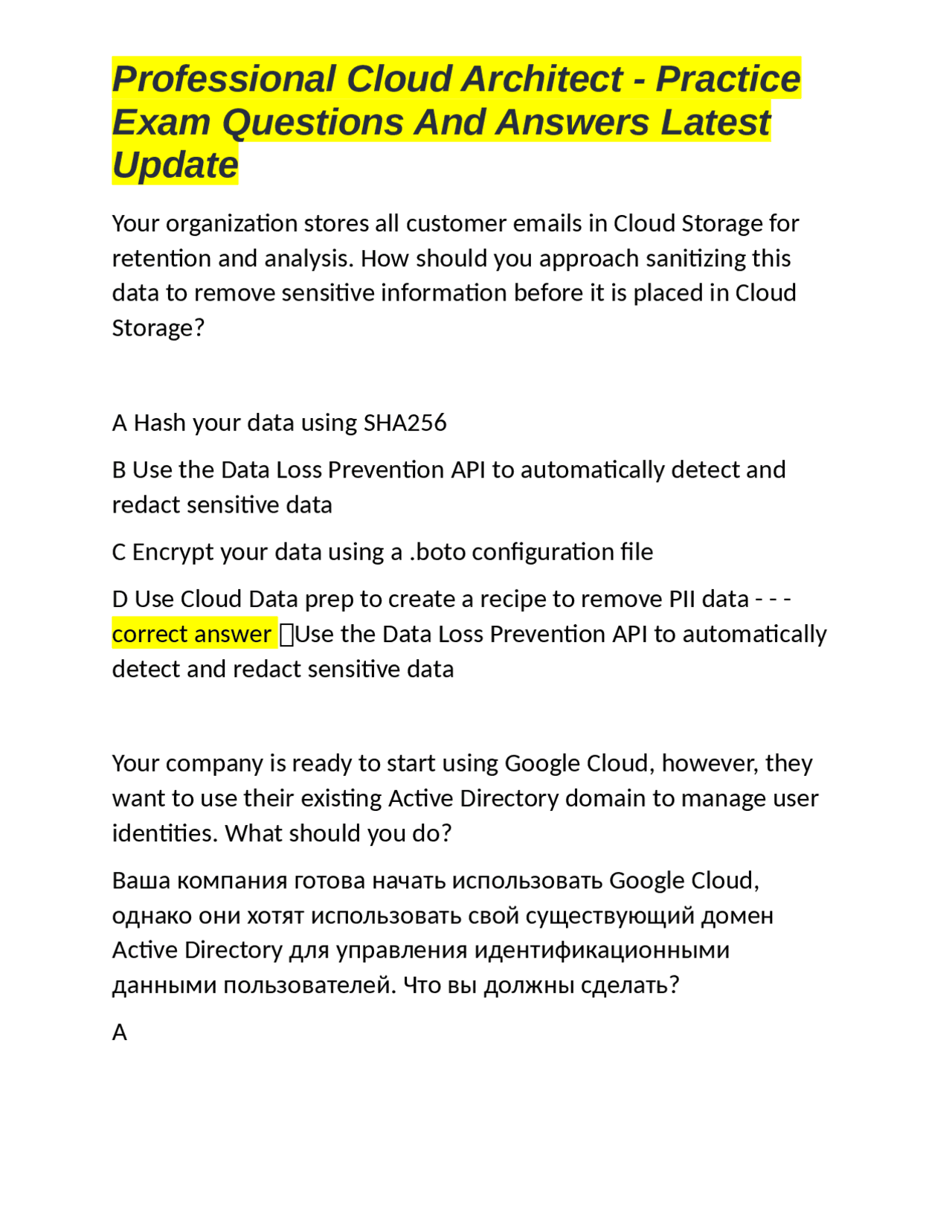 Google Cloud Platform Professional Cloud Architect Practice Exam Questions and Answers | Exams ...