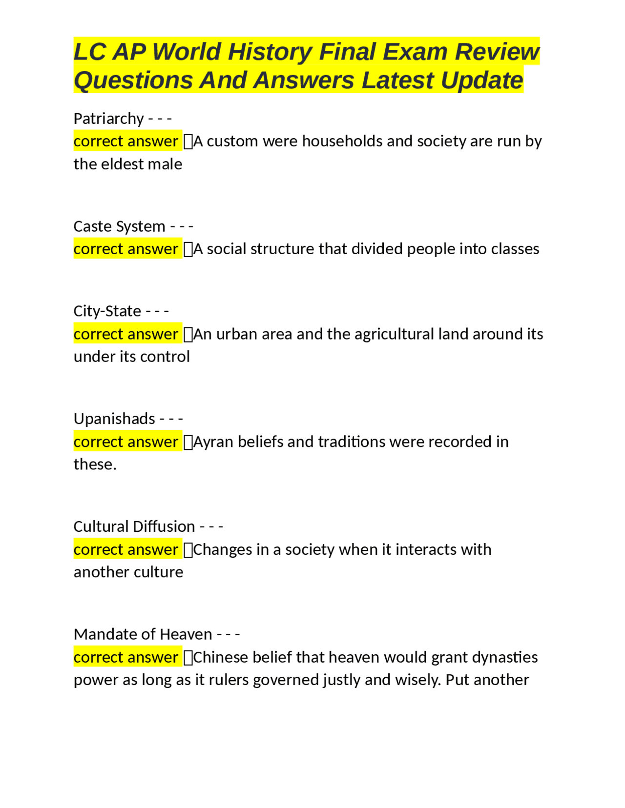 AP World History Final Exam Review: Questions and Answers | Exams Medicine | Docsity