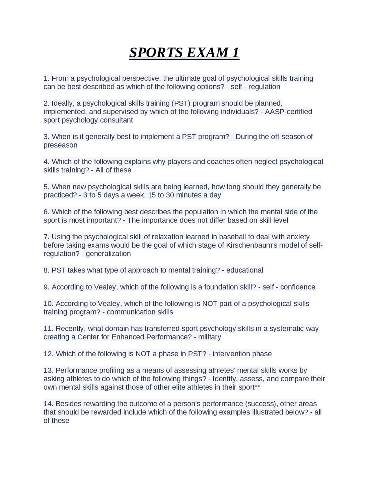 Sports Psychology Exam: Multiple Choice Questions and Answers | Exams ...
