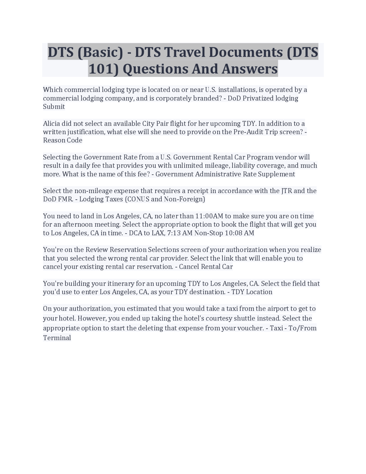 DTS (Basic) - DTS Travel Documents (DTS 101) Questions And Answers ...
