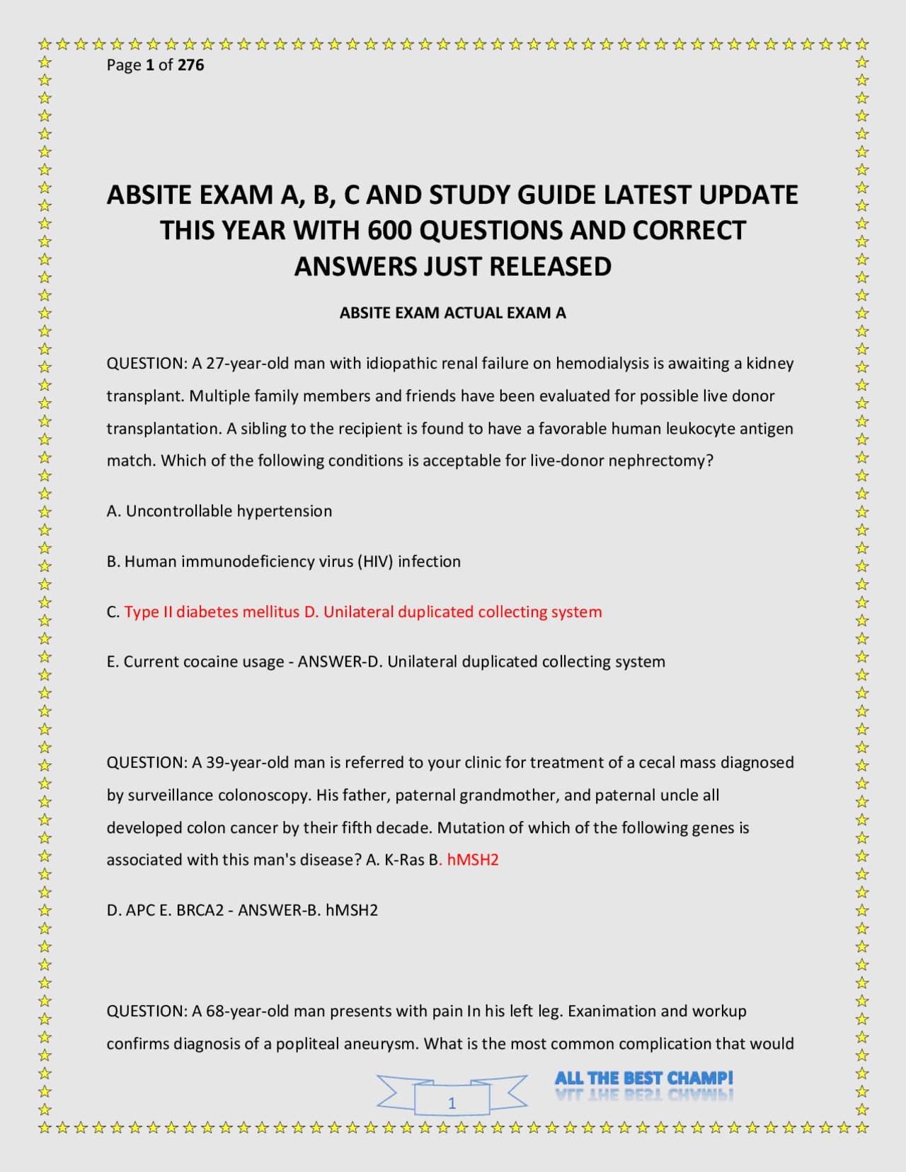 ABSITE EXAM A, B, C AND STUDY GUIDE LATEST UPDATE THIS YEAR WITH 600 ...