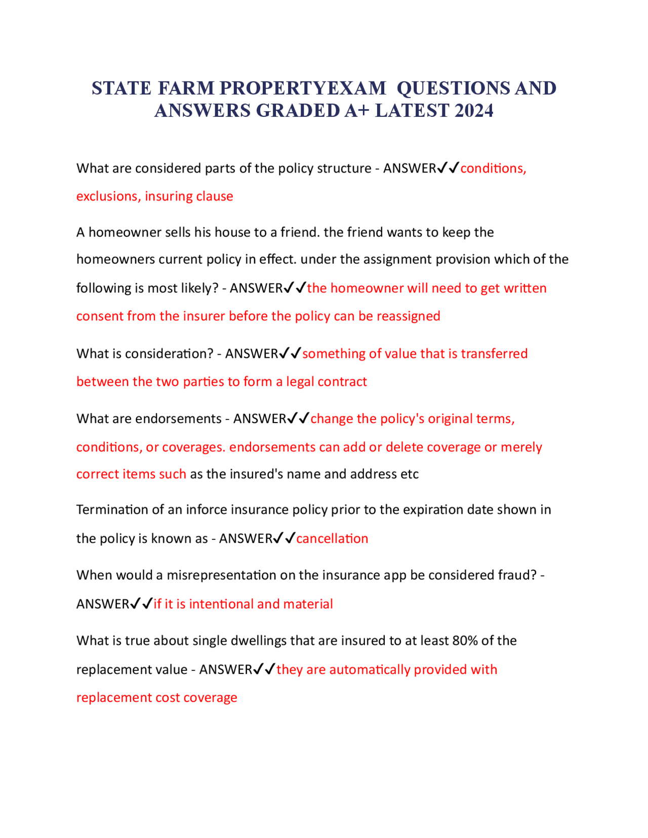 State Farm Property Exam Questions and Answers | Exams Nursing | Docsity