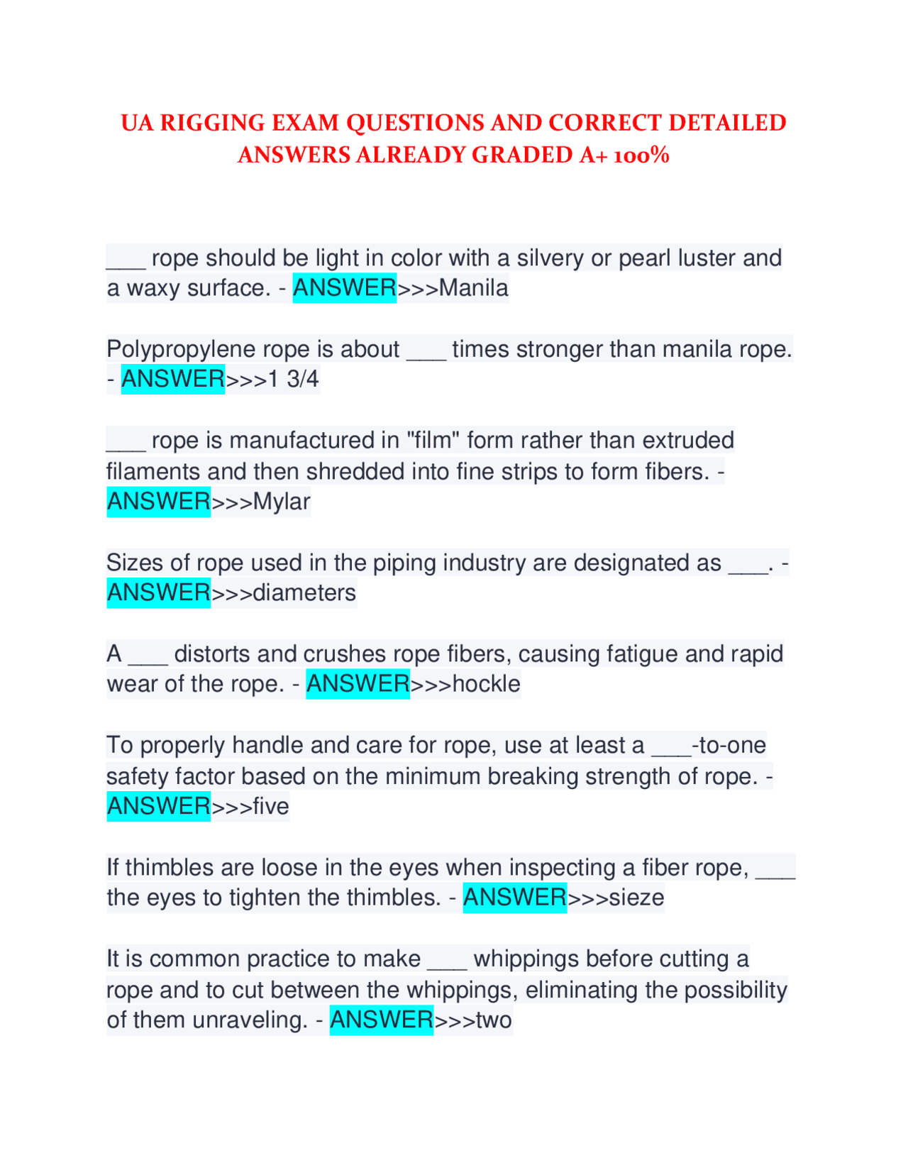 UA RIGGING EXAM QUESTIONS AND CORRECT DETAILED ANSWERS ALREADY GRADED ...