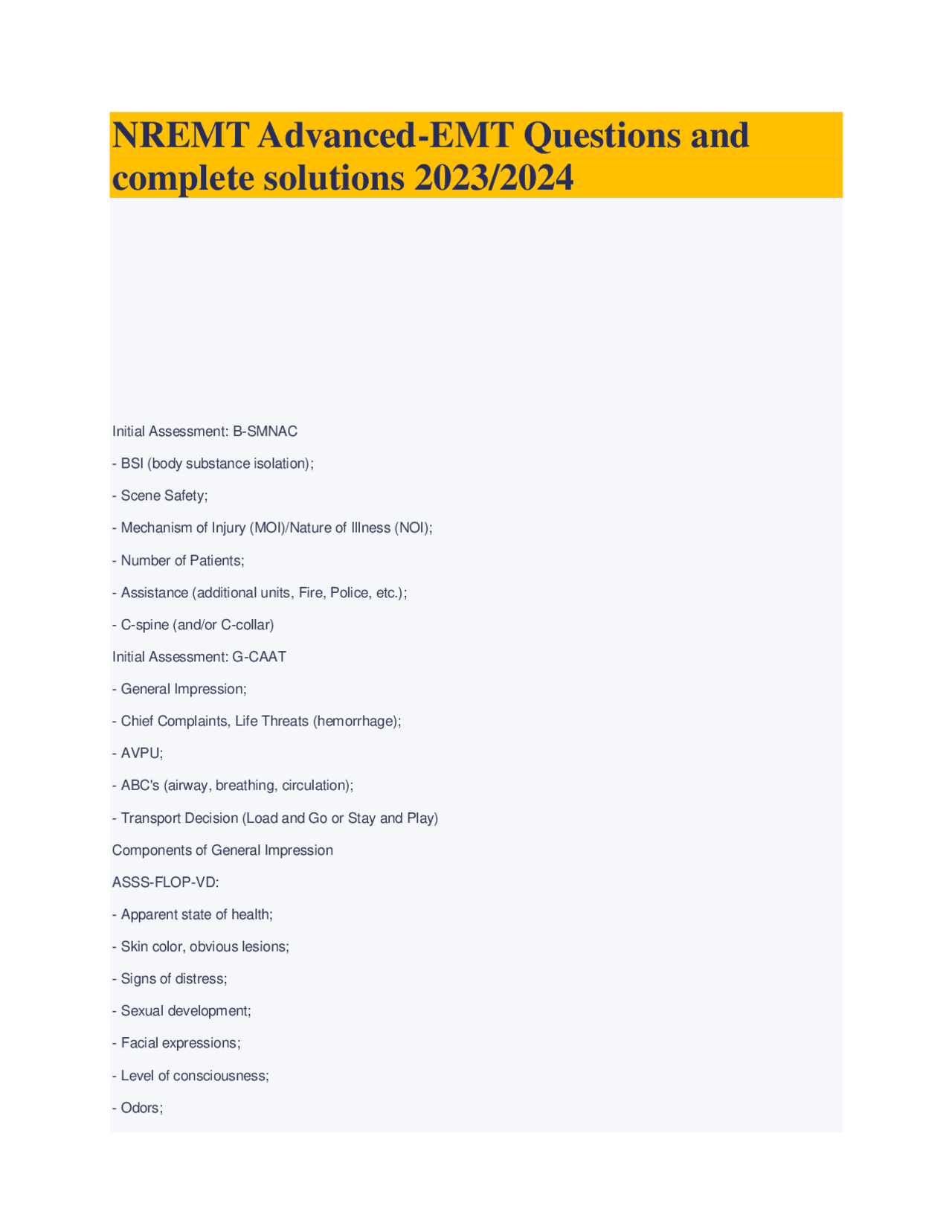 NREMT Advanced-EMT: Assessment & Key Concepts | Exams Medicine | Docsity