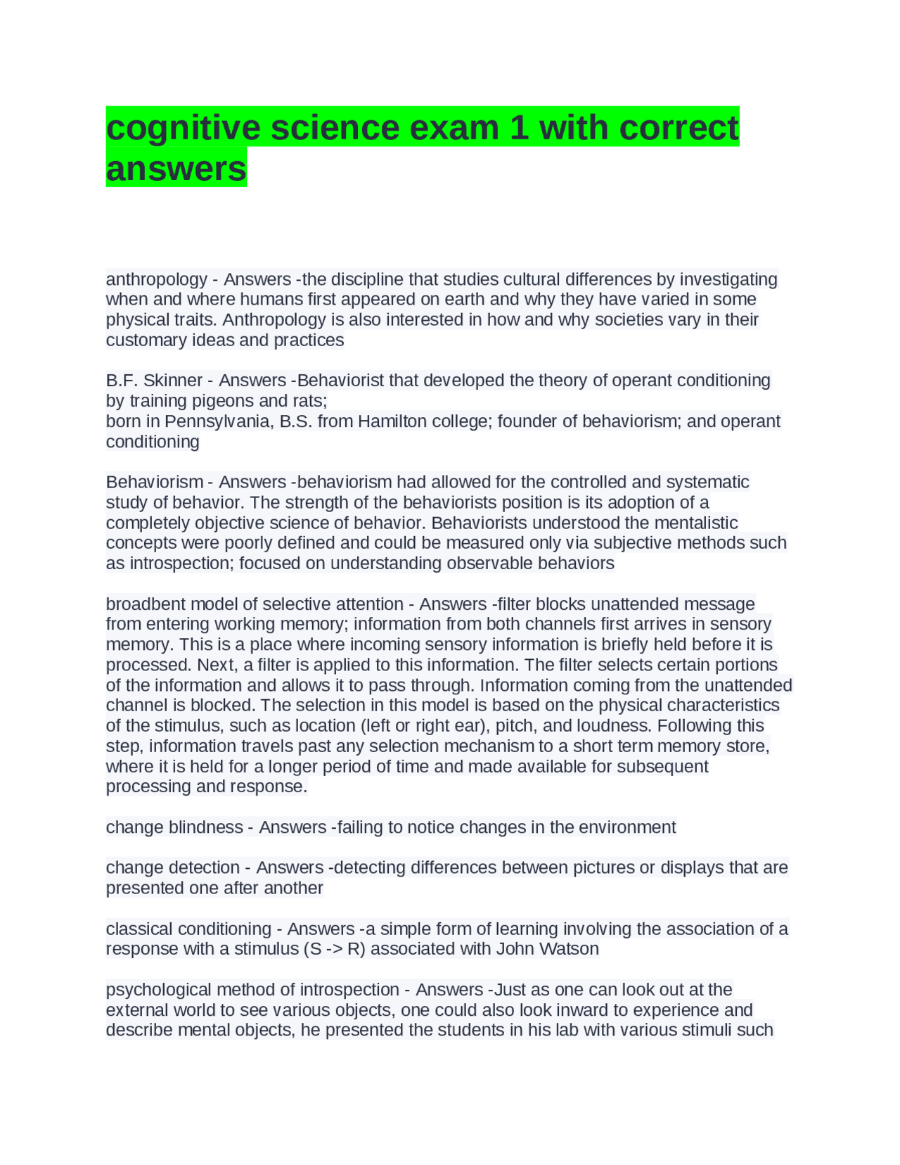 Cognitive Science Exam 1: Questions and Answers | Exams Advanced Education | Docsity