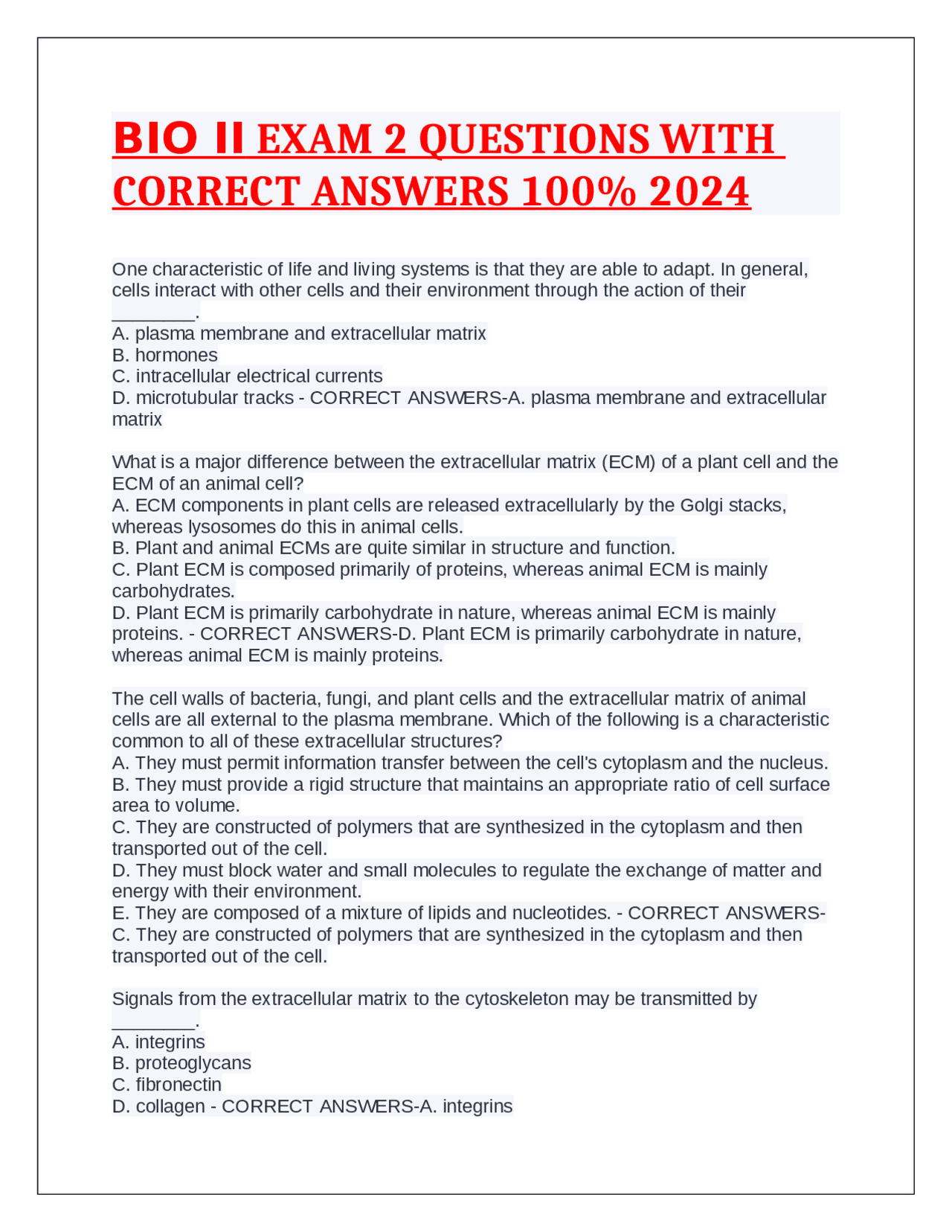 Biology II Exam 2 Questions with Correct Answers | Exams Advanced ...