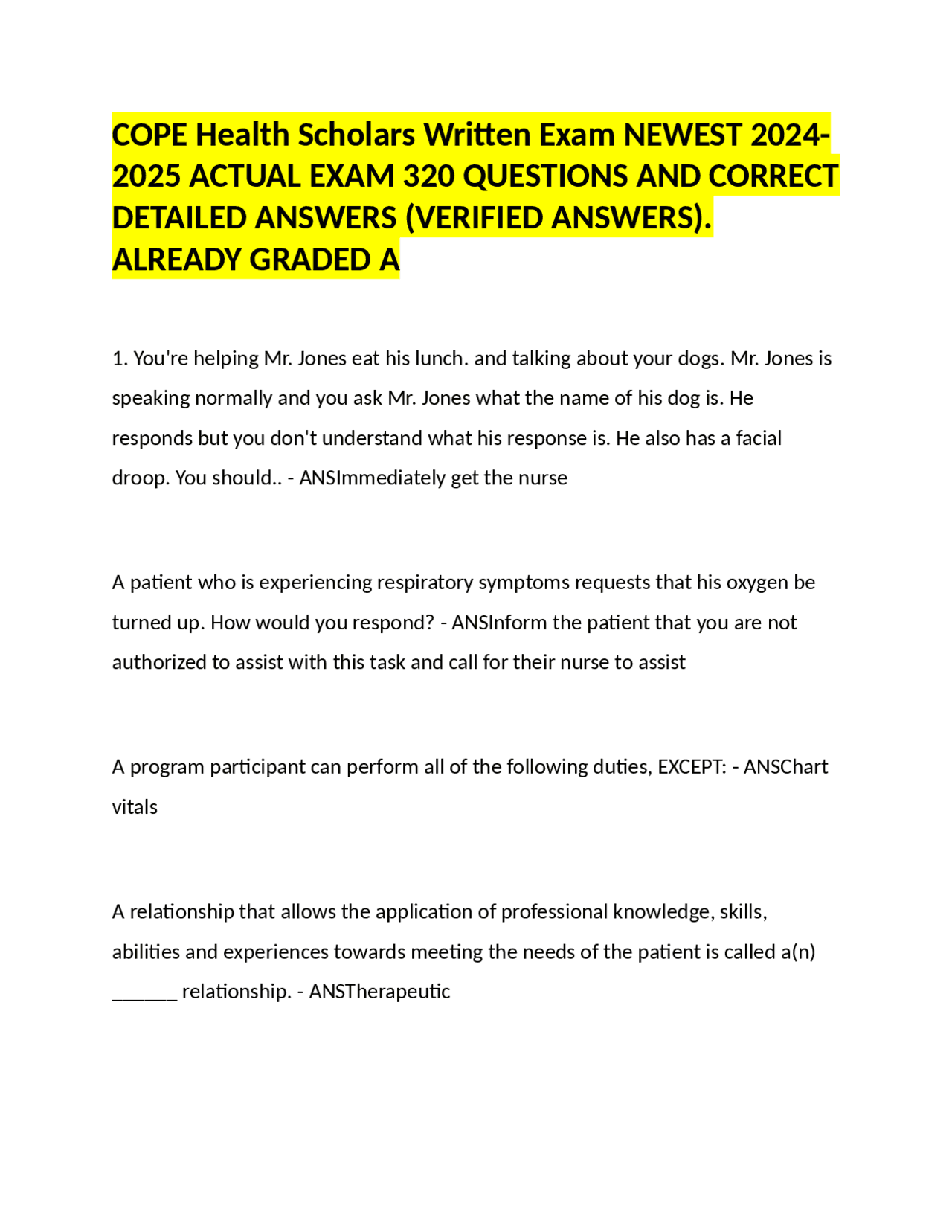 COPE Health Scholars Written Exam NEWEST 2024-2025 ACTUAL EXAM 320 ...