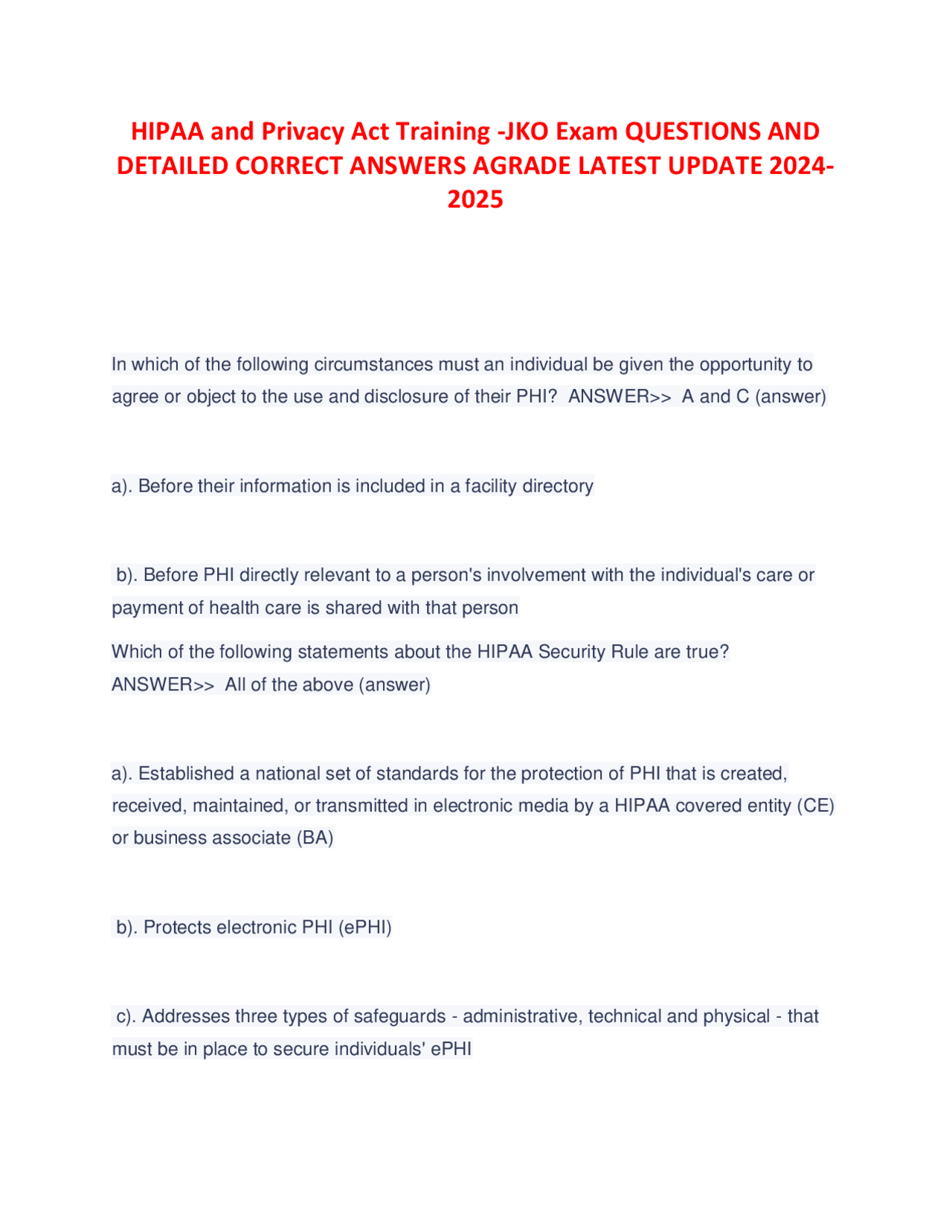 HIPAA and Privacy Act Training - JKO Exam Questions and Answers | Exams Nursing | Docsity