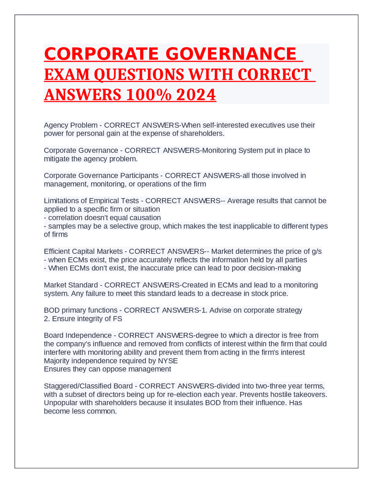 Corporate Governance Exam Questions and Answers | Exams Advanced ...
