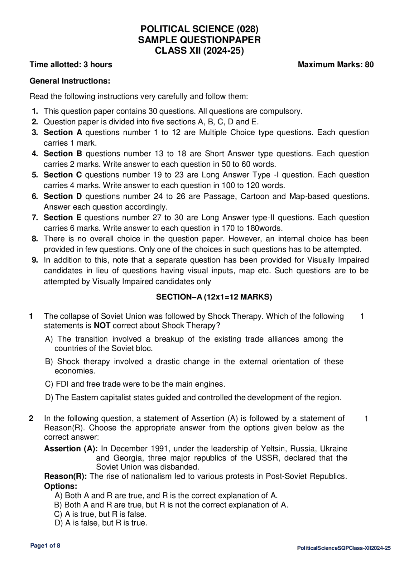 Political Science Sample Question Paper for Class XII (2024-25) | Exams ...