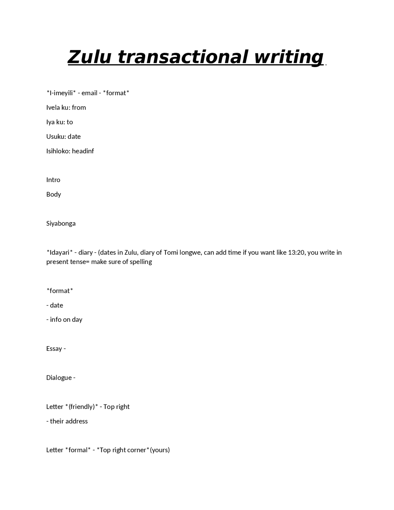 Zulu transactional writing | Exams Advanced Education | Docsity