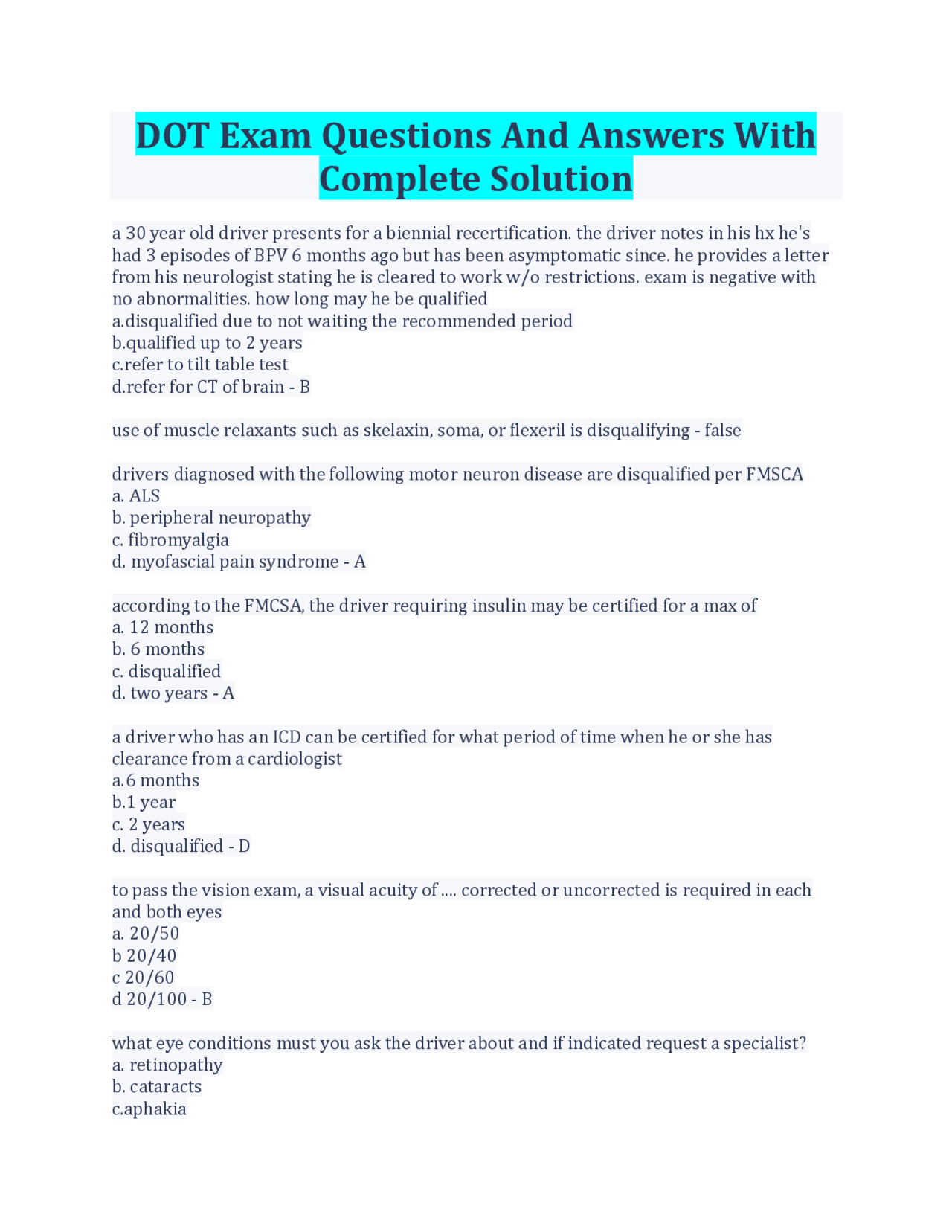 DOT Exam Questions And Answers With Complete Solution | Exams Advanced ...