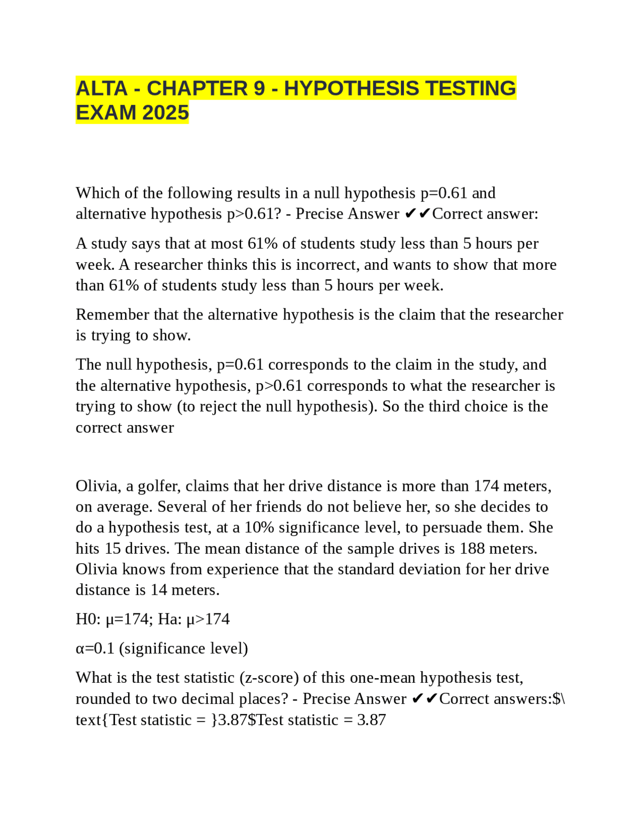 Hypothesis Testing: Exercises and Examples | Exams Nursing | Docsity