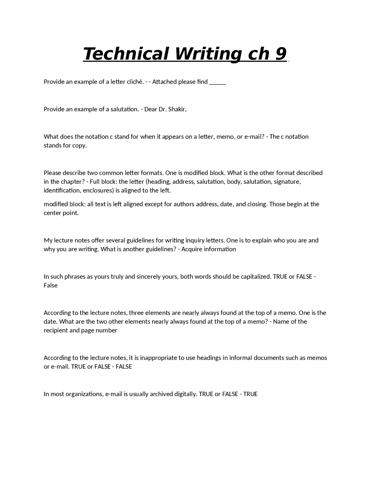 Technical Writing: Exercises and Questions | Exams Advanced Education | Docsity