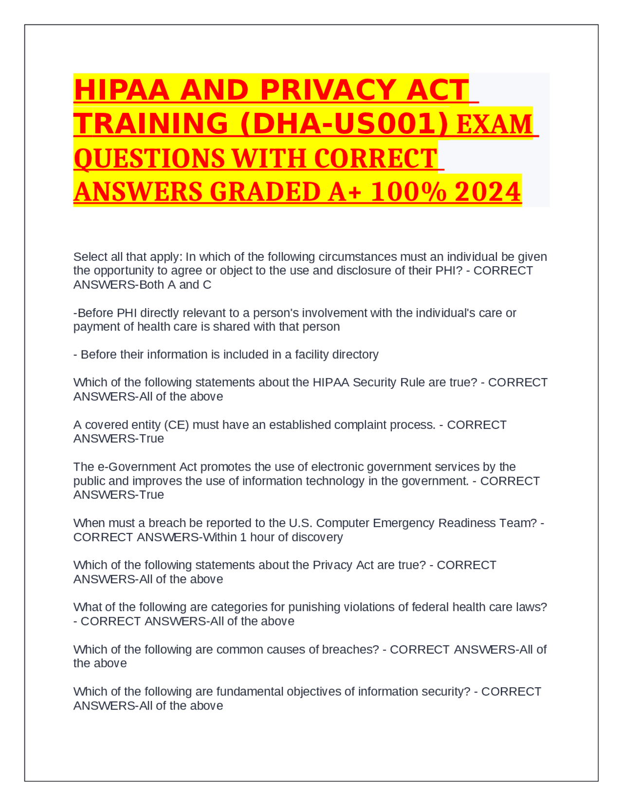 HIPAA and Privacy Act Training Exam Questions and Answers | Exams ...