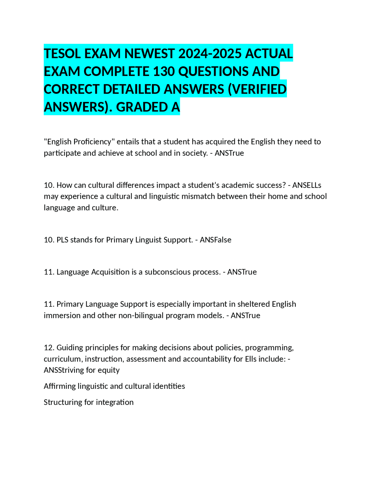 TESOL EXAM NEWEST 2024-2025 ACTUAL EXAM COMPLETE 130 QUESTIONS AND ...