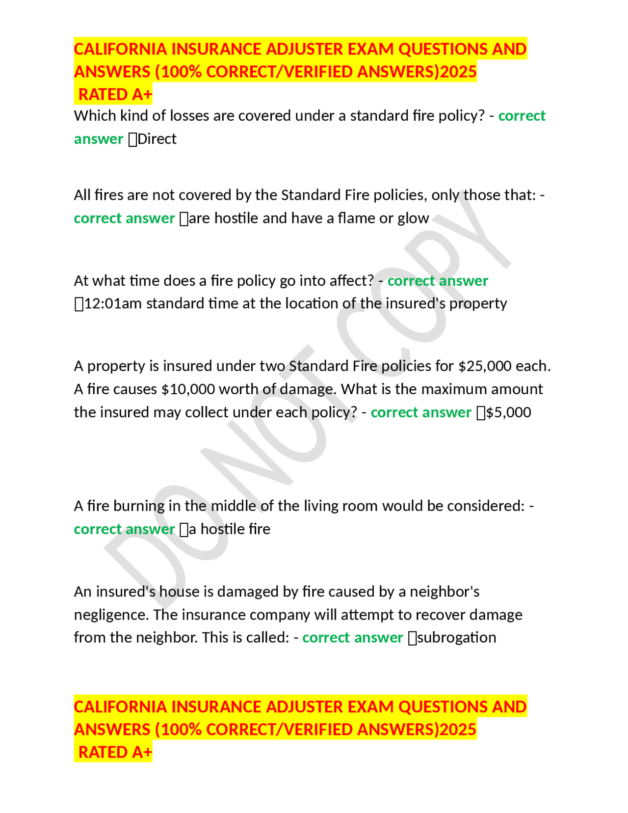 CALIFORNIA INSURANCE ADJUSTER EXAM QUESTIONS AND ANSWERS (100% CORRECT ...