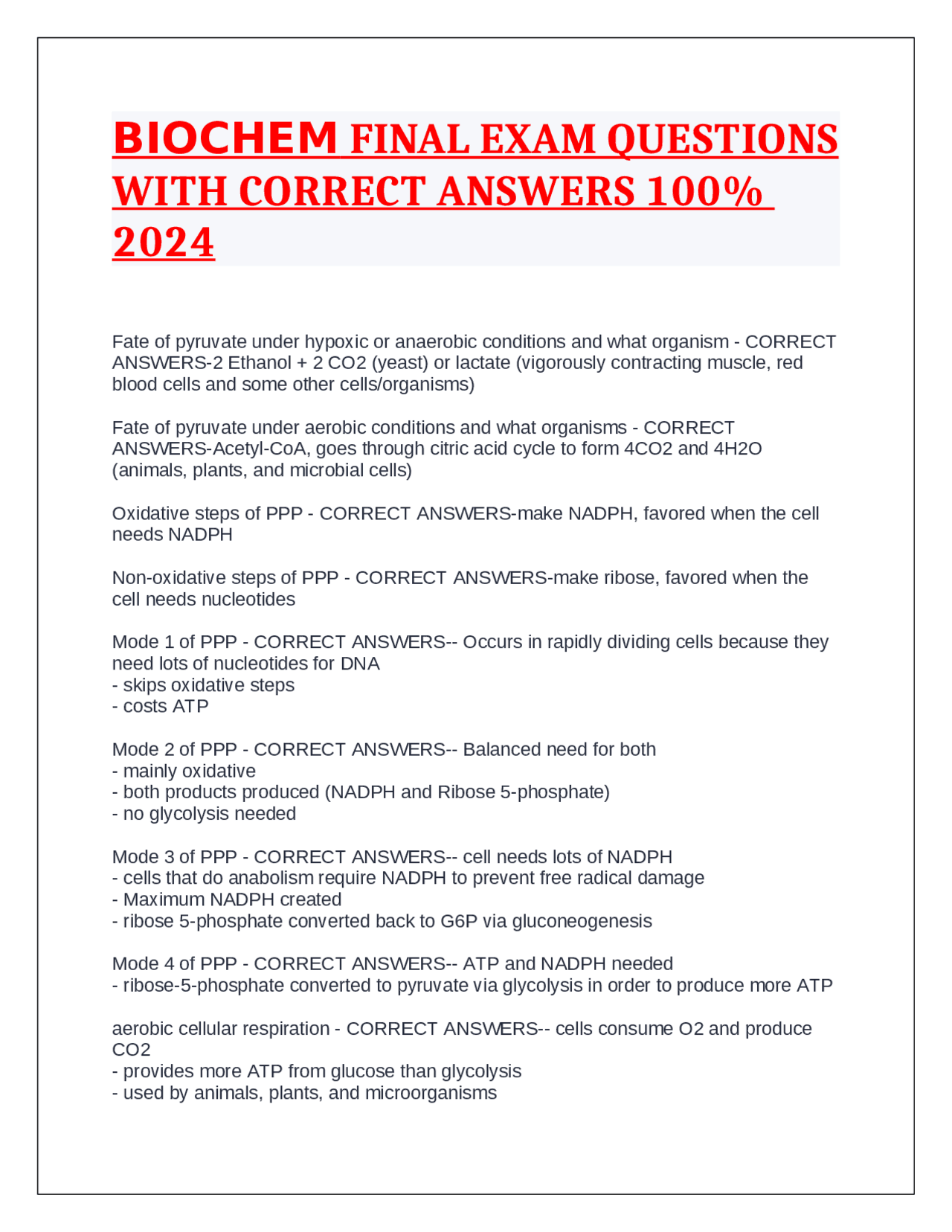 BIOCHEM FINAL EXAM QUESTIONS WITH CORRECT ANSWERS 100% 2024 | Exams ...