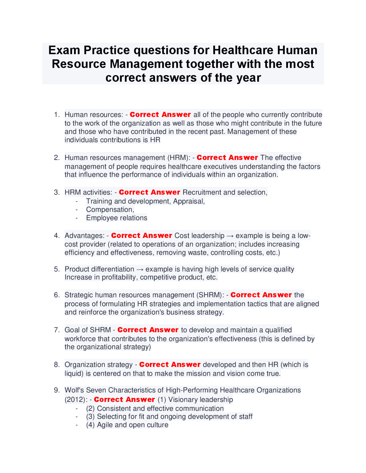 Healthcare Human Resource Management Exam Practice Questions | Exams ...