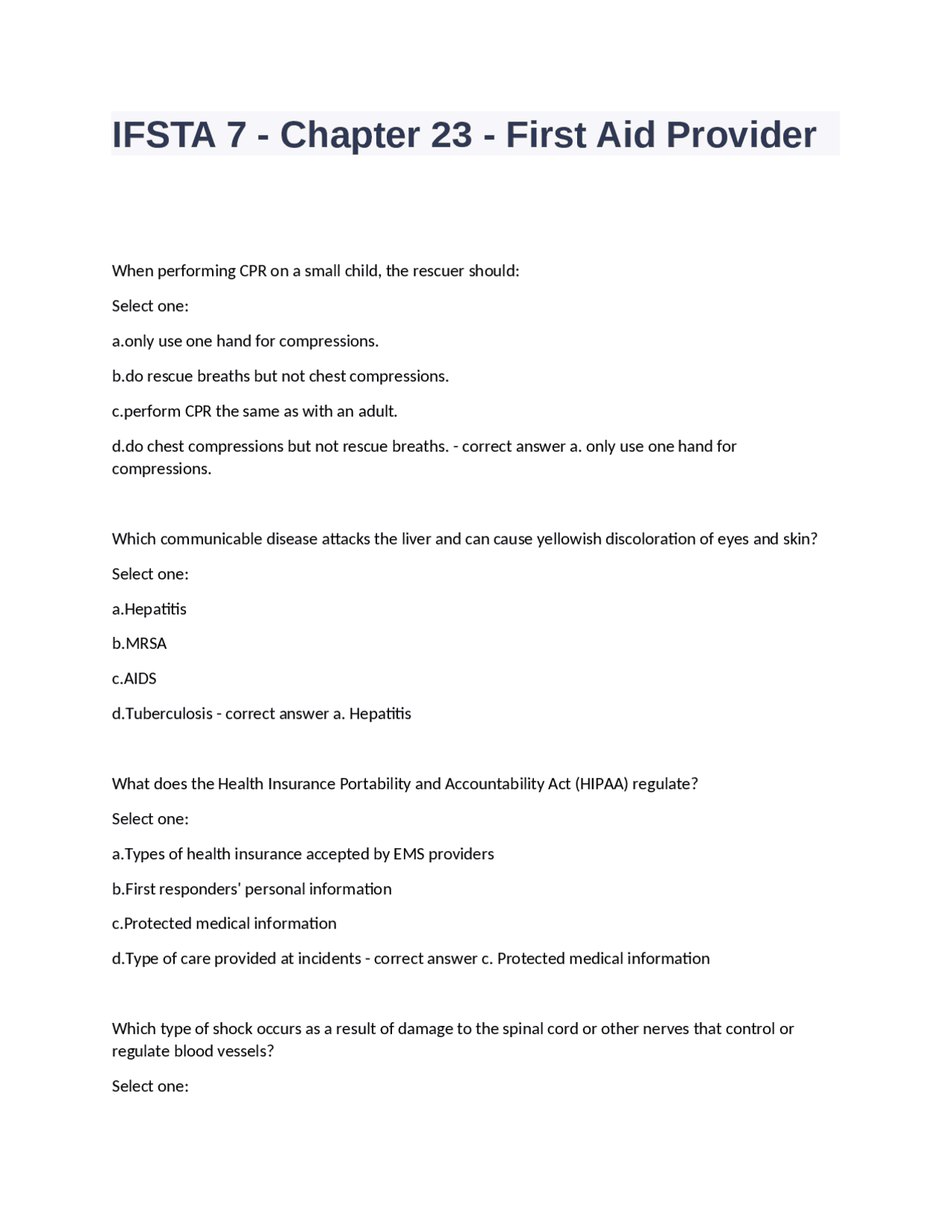 IFSTA 7 - Chapter 23 - First Aid Provider Questions with complete ...